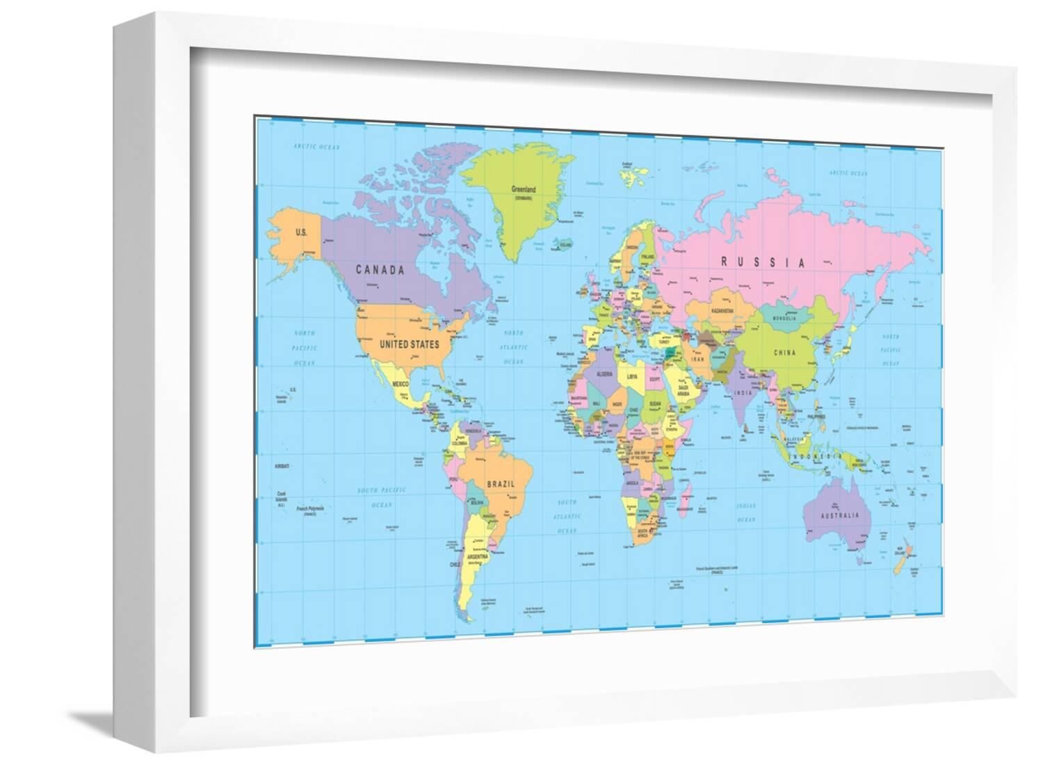 Art.com Colored World Map - Borders, Countries and Cities ...