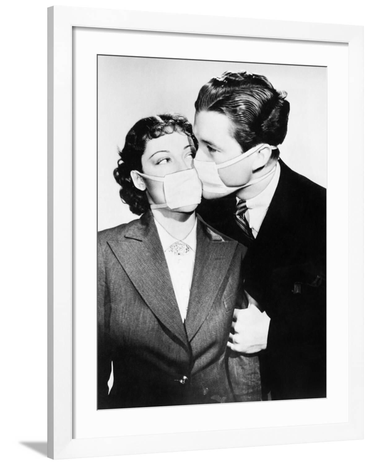 Art.com Couple Kissing Each Other with Health Masks Photo, White Frame ...