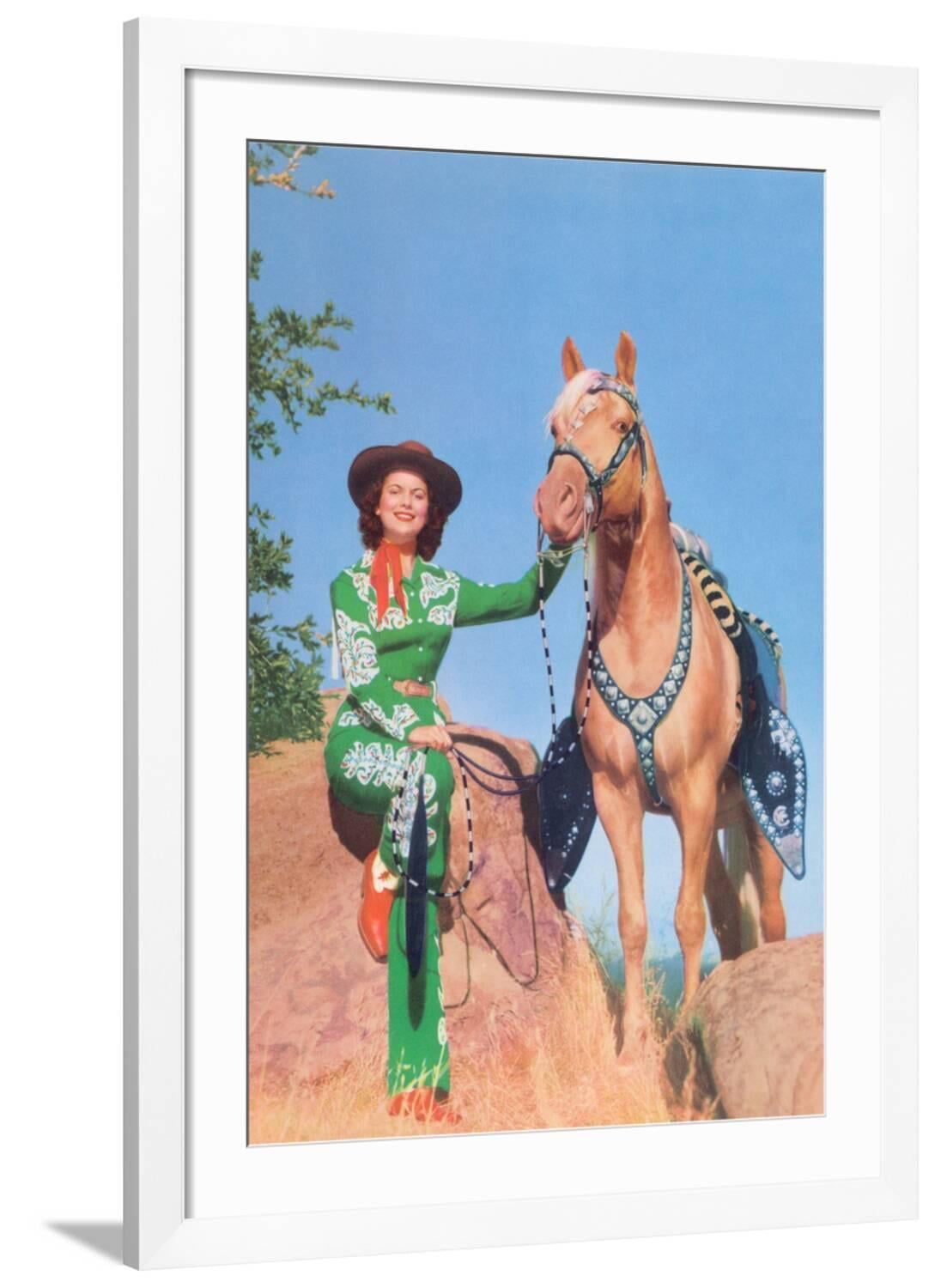 Art.com Cowgirl in Green Outfit with Palomino Art Print, White Frame ...