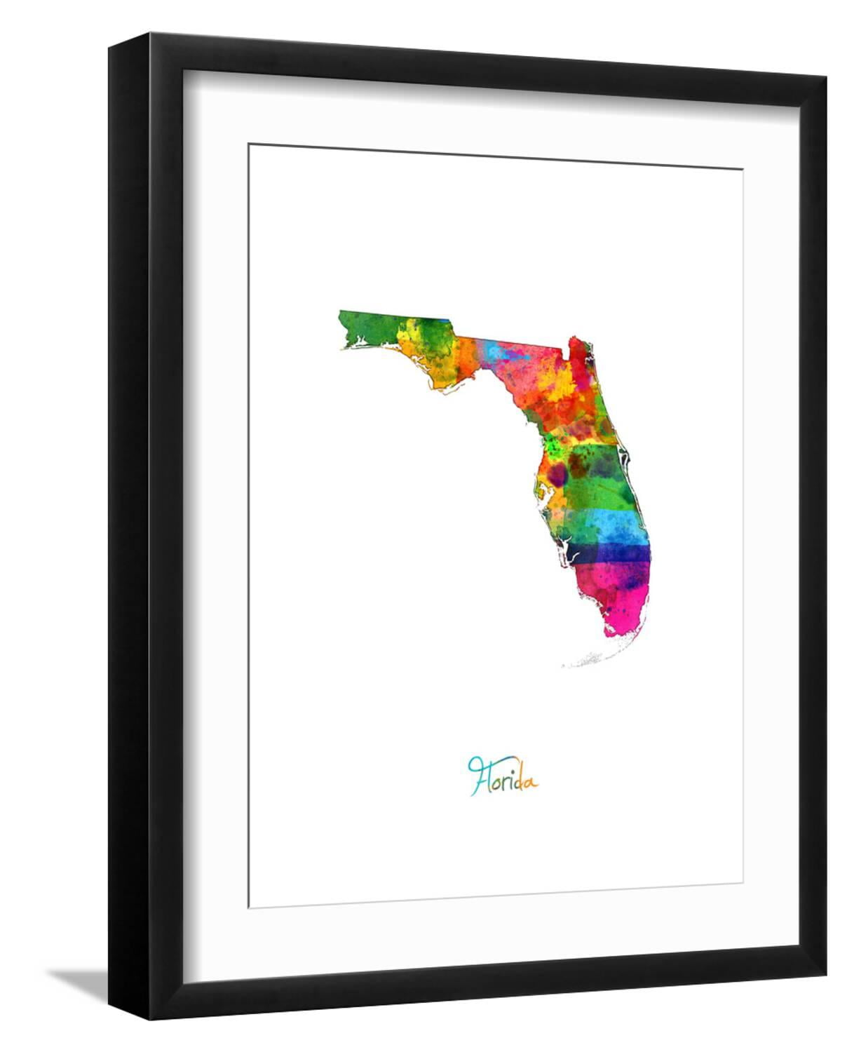 Art.com Florida Map Art Print by Michael Tompsett, Black Frame Wall Art ...
