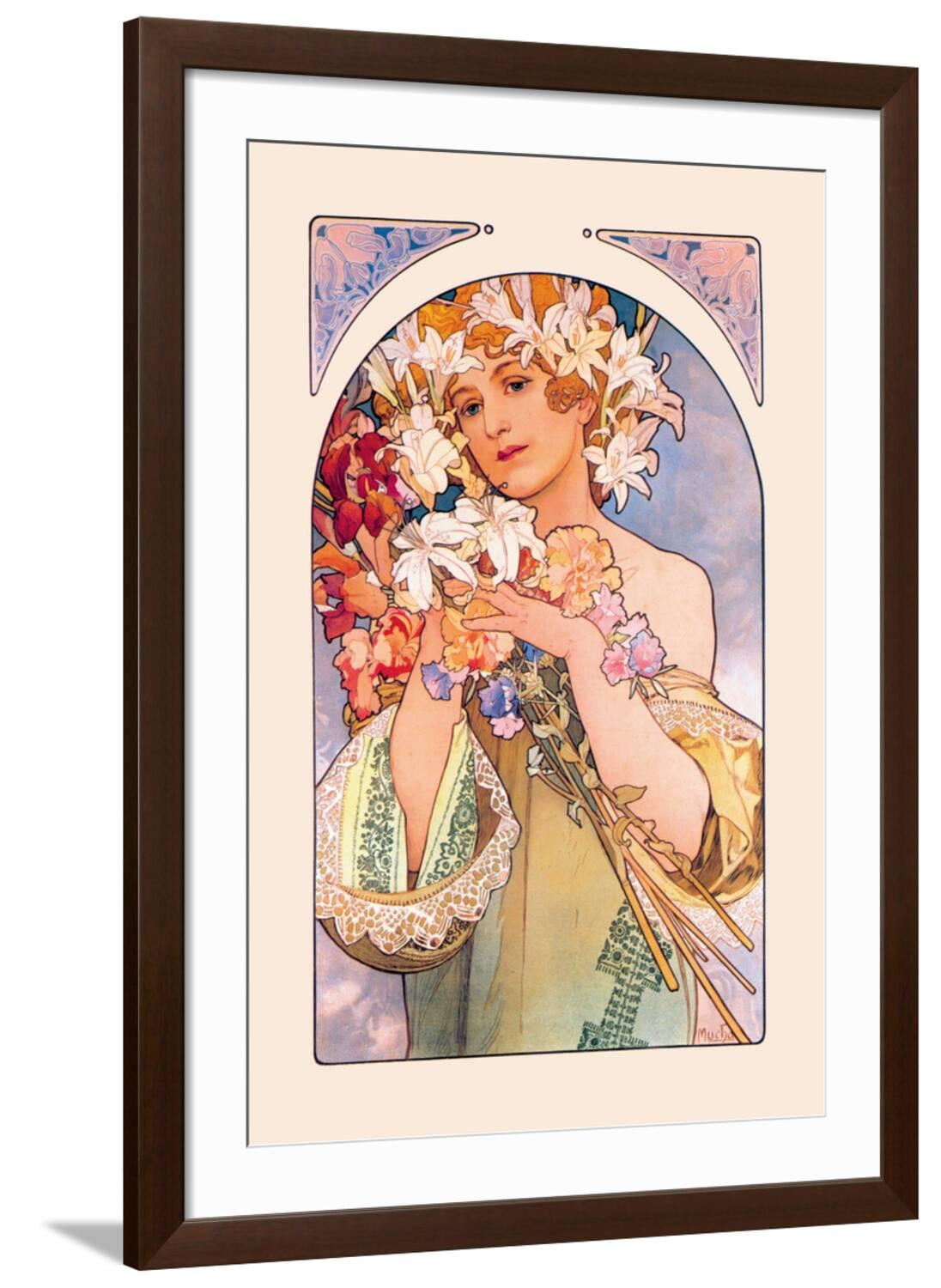 Art.com Flower Art Print by Alphonse Mucha, Brown Frame Wall Art, 32" x ...