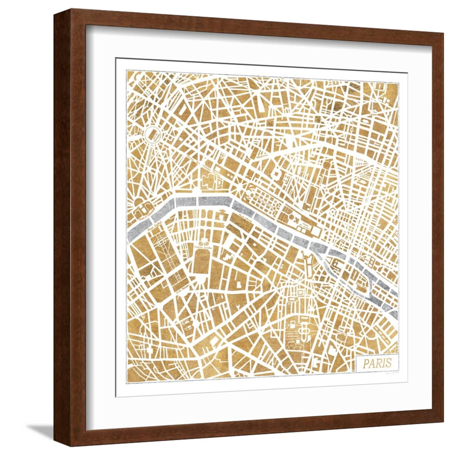 Art.com Gilded Paris Map Art Print by Laura Marshall, Brown Frame Wall ...