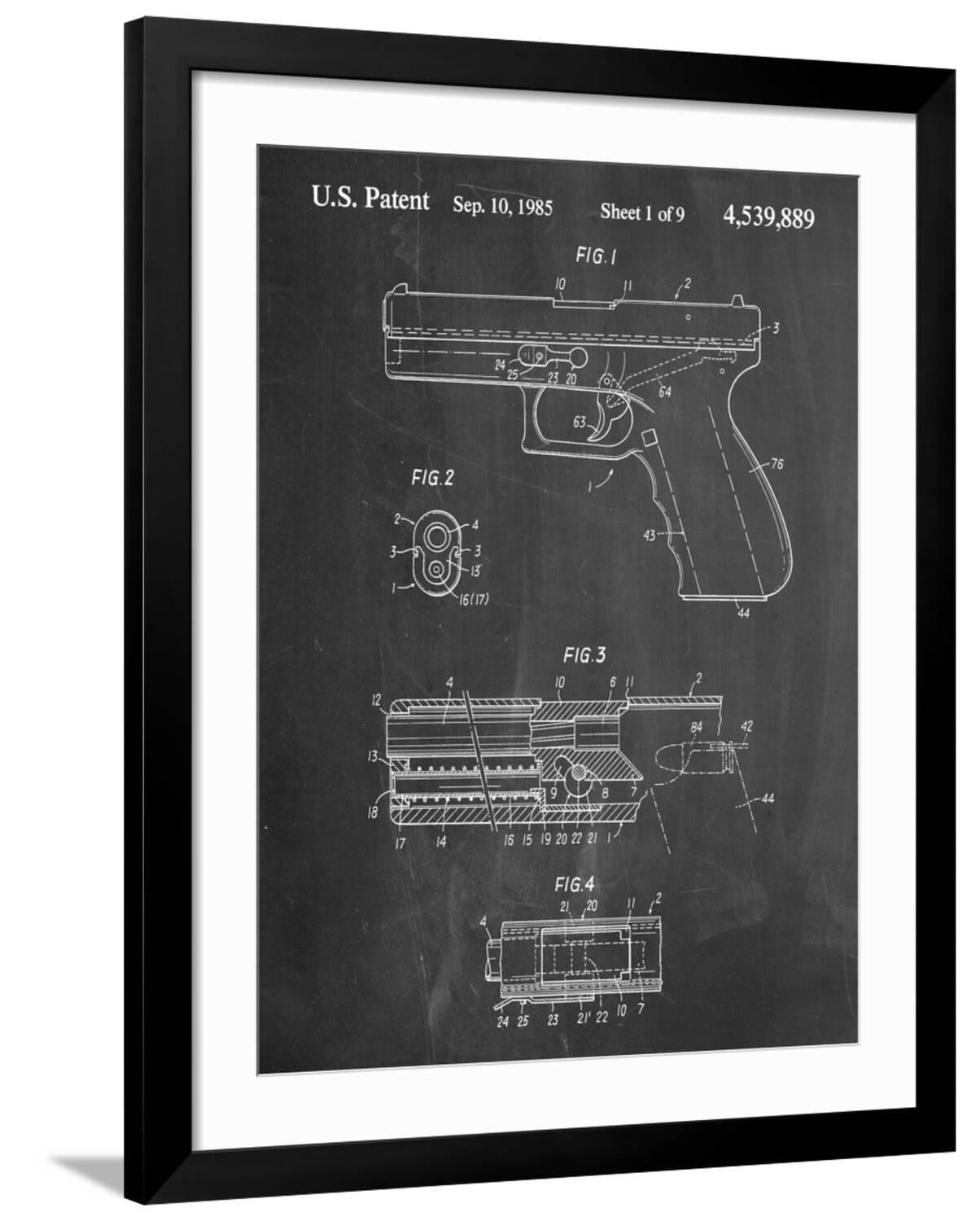 Art.com Glock Pistol Patent Art Print, Black Frame Wall Art, 32" x 40 ...