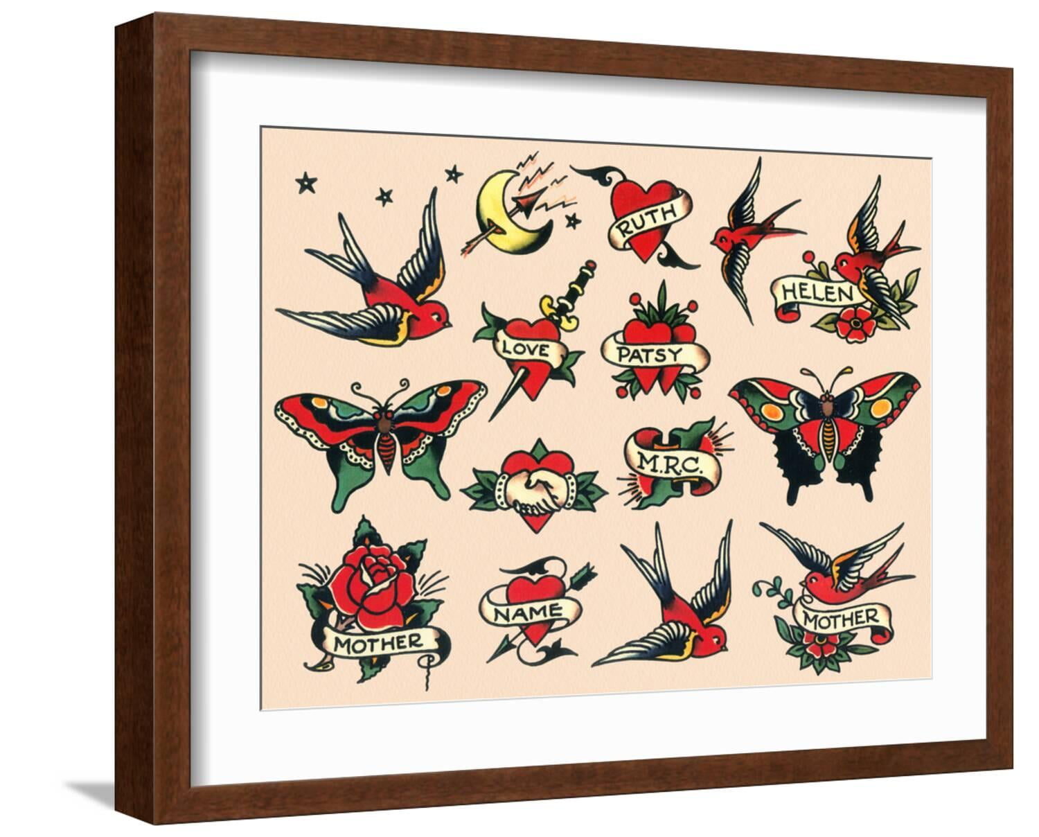 Art.com Hearts and Sparrows, Authentic Vintage Tatooo Flash by Norman ...