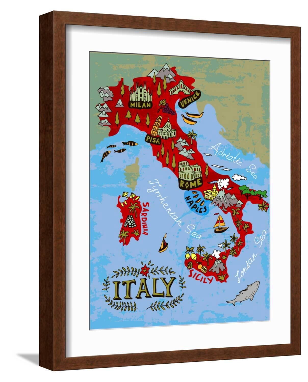 Art.com Illustrated Map of Italy. Travel Art Print by Daria_I, Brown ...
