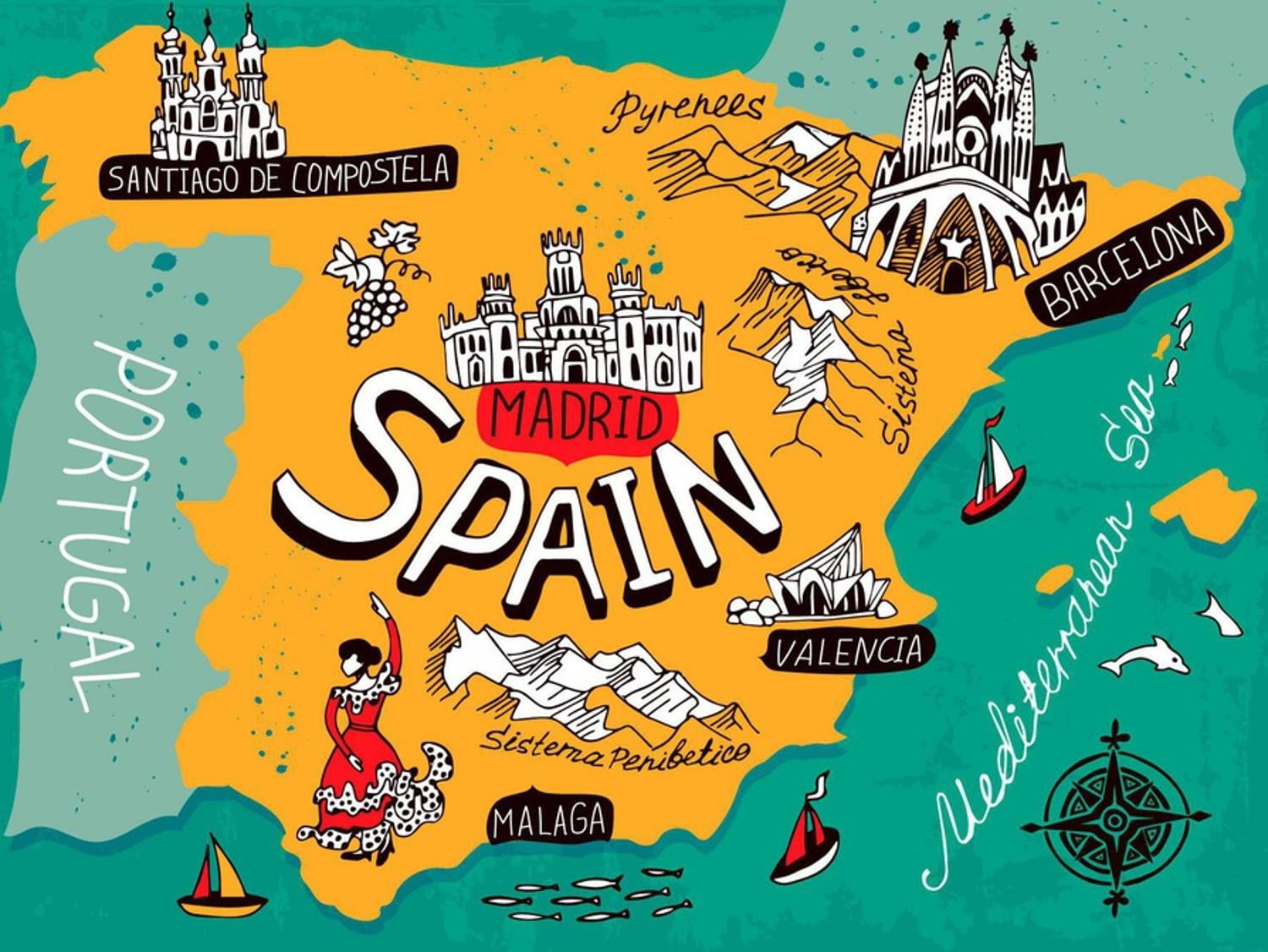 Art.com Illustrated Map of Spain Art Print by Daria_I, 32" x 24 ...