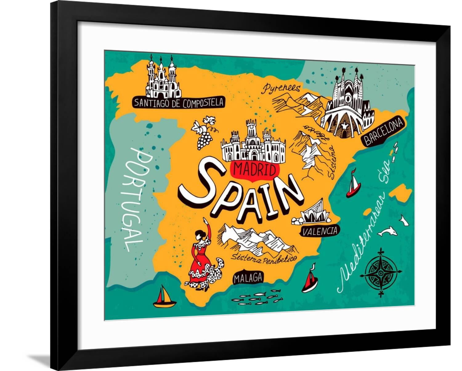 Art.com Illustrated Map of Spain Art Print by Daria_I, Black Frame Wall ...