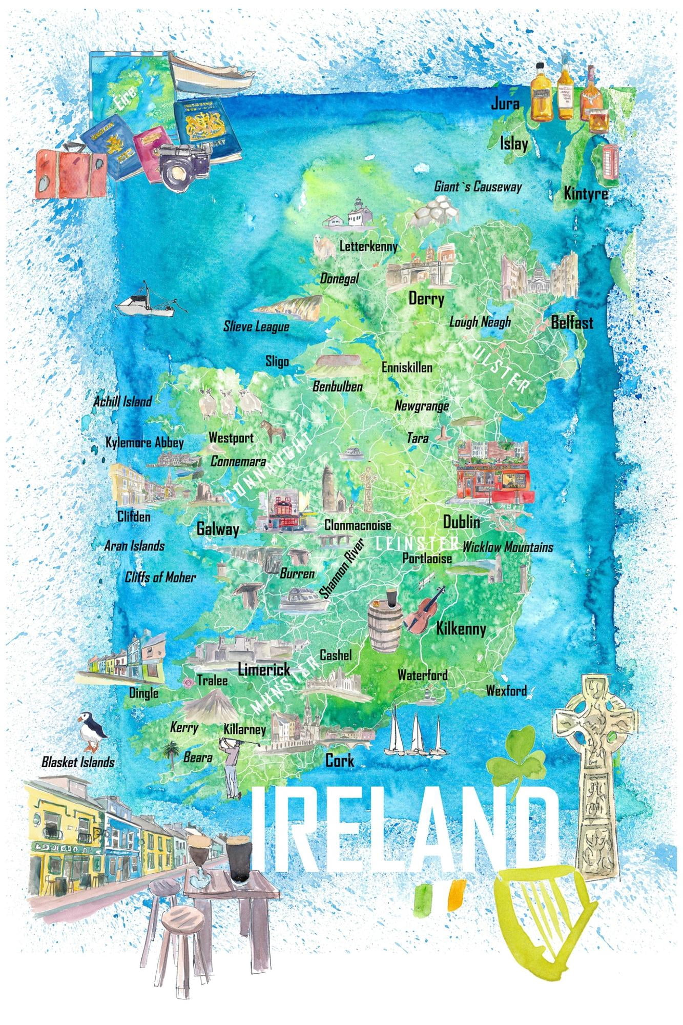 Art.com Ireland Illustrated Travel Map with Roads and Highlights Art ...