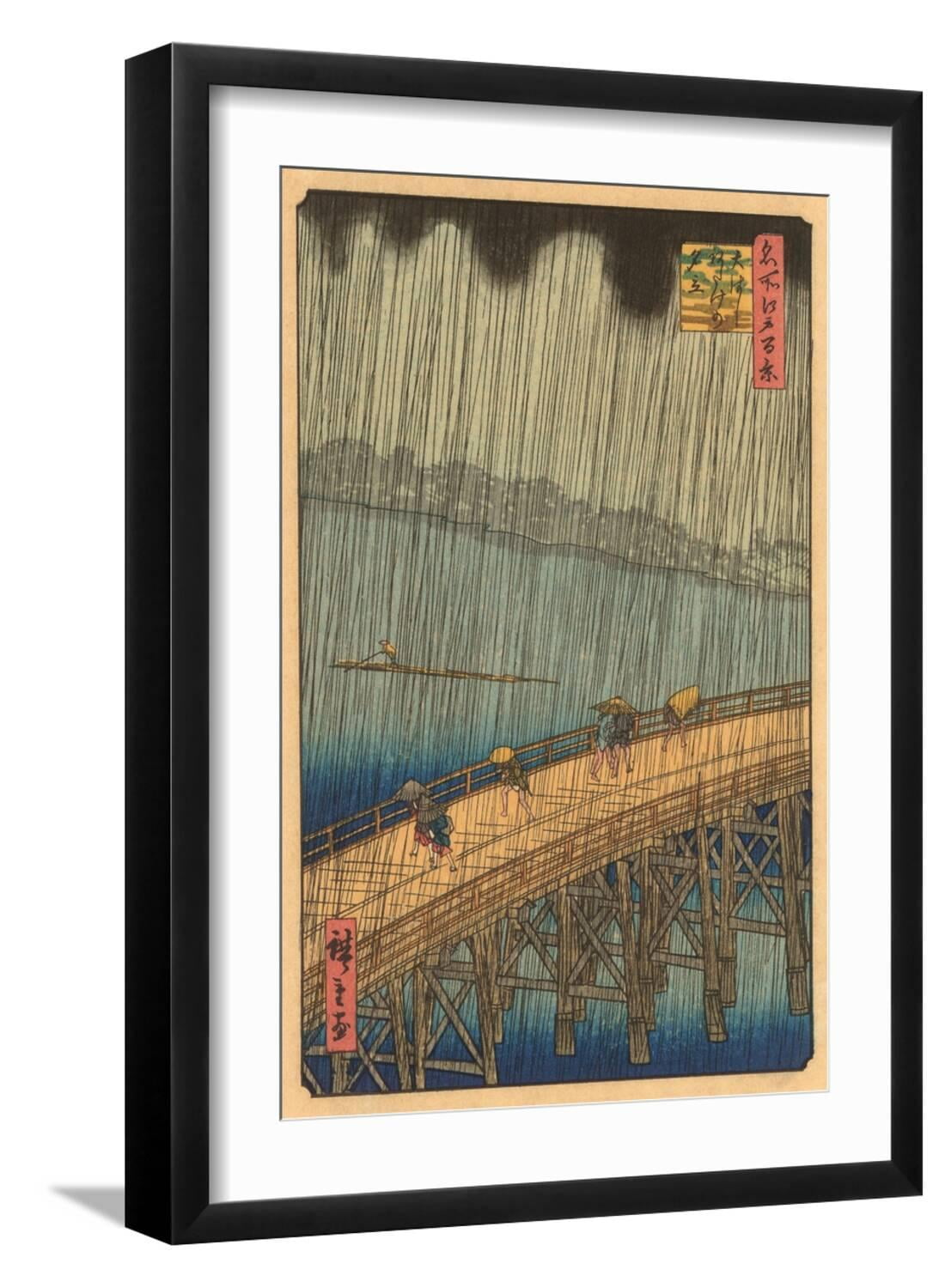 Art.com Japanese Woodblock, Crossing Bridge in Rain Art Print, Black ...