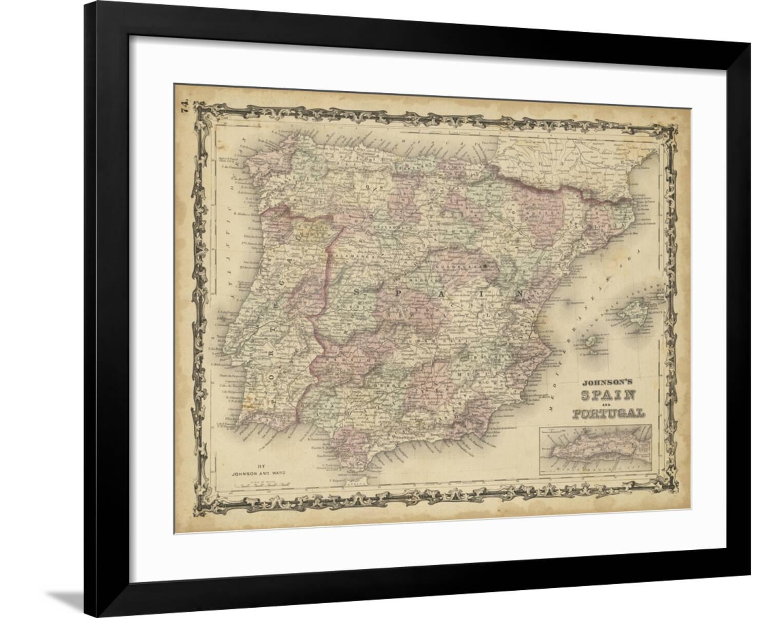 Art.com Johnson's Map of Spain & Portugal Art Print, Black Frame Wall ...