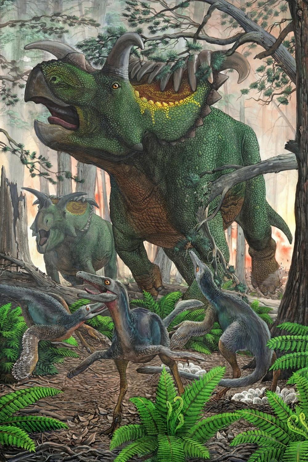 Art.com Kosmoceratops Tramples over Nesting Talos Dinosaurs While ...