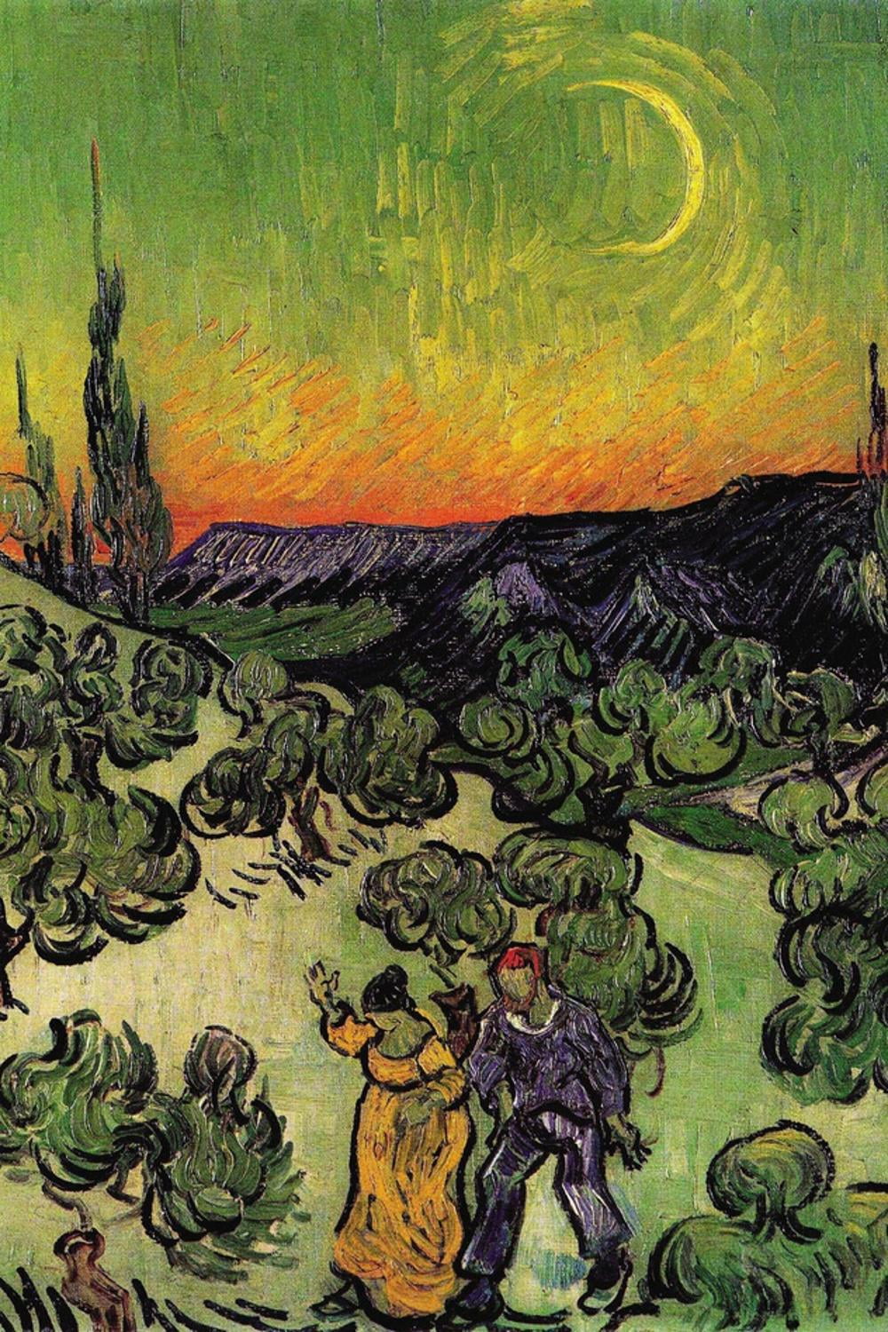 Art.com Landscape with Couple Walking and Crescent Moon Art Print by ...