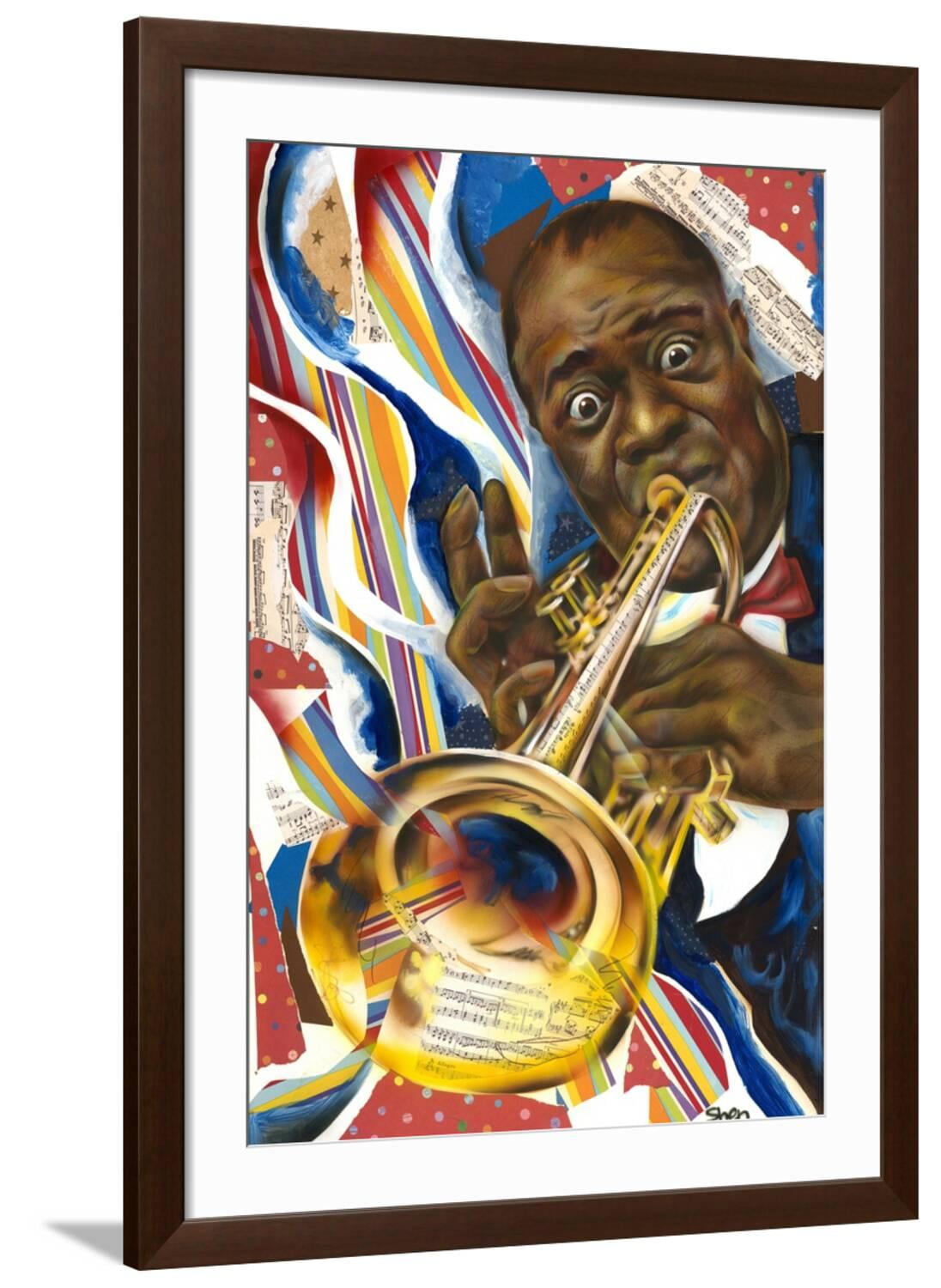 Art.com Louis Armstrong: Collage Art Print by Shen, Brown Frame Wall ...