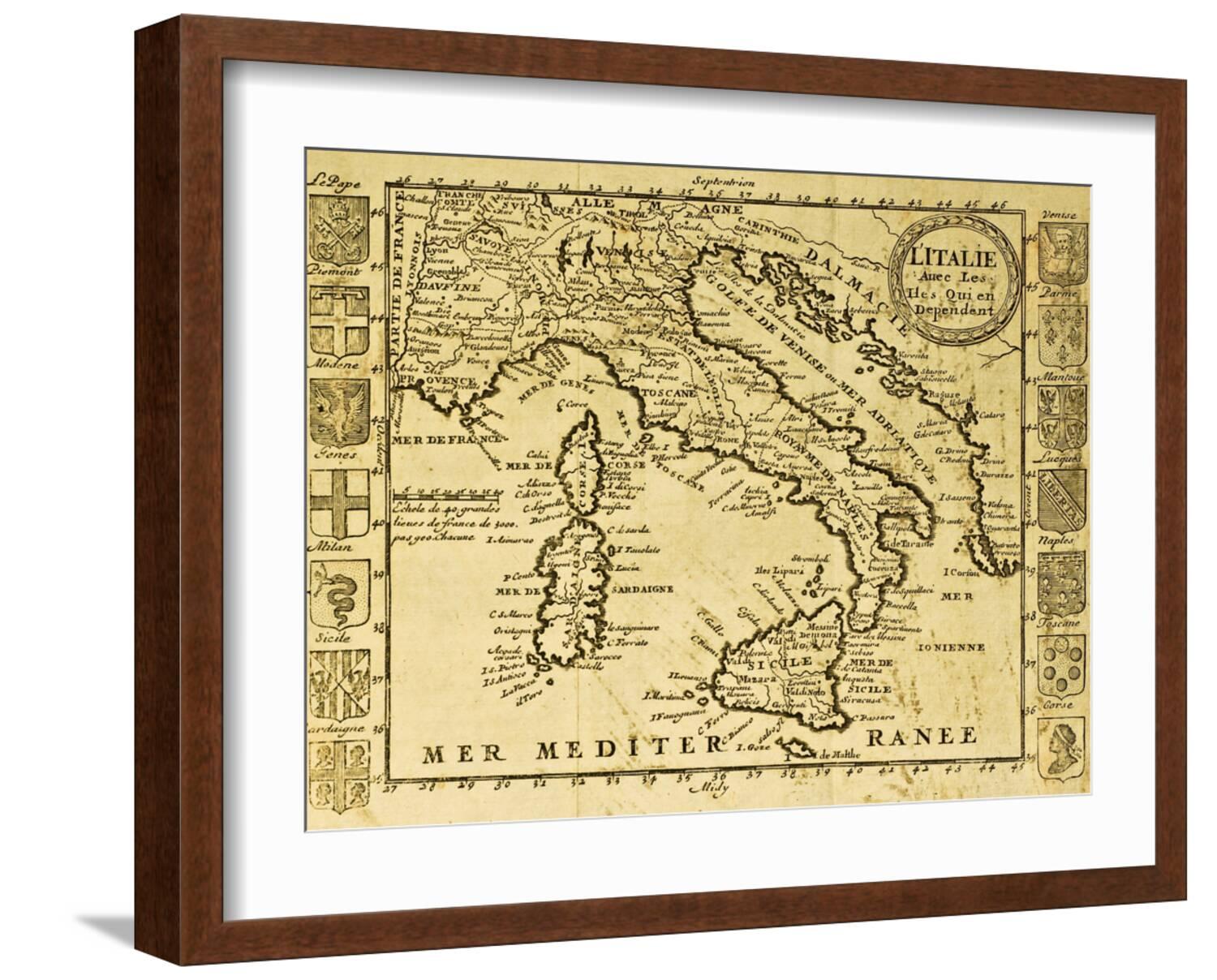 Art.com Map Of Italy Framed By Territorial Crests. May Be Dated To The ...