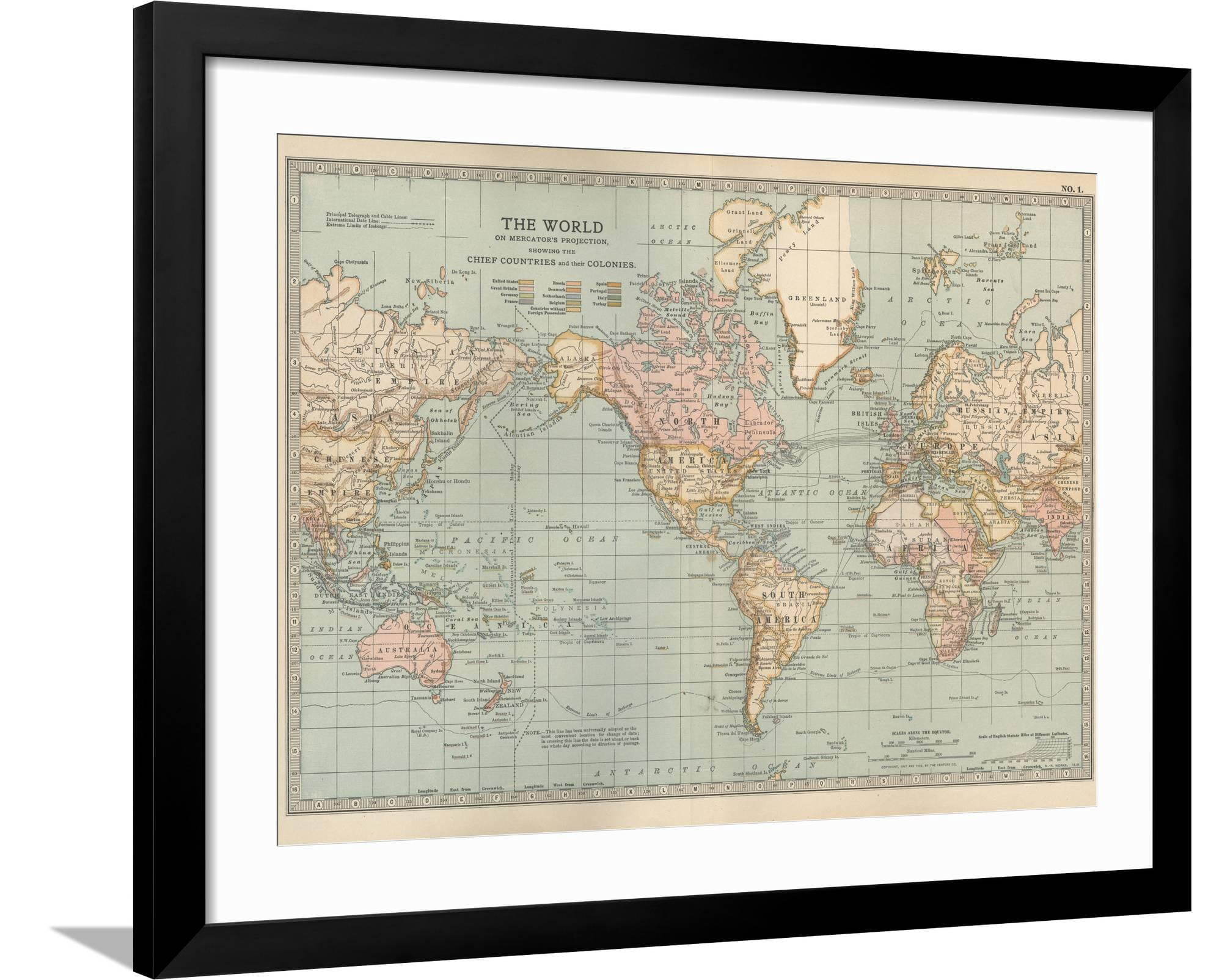 Art.com Map of the World on Mercator's Projection, Showing the Chief ...