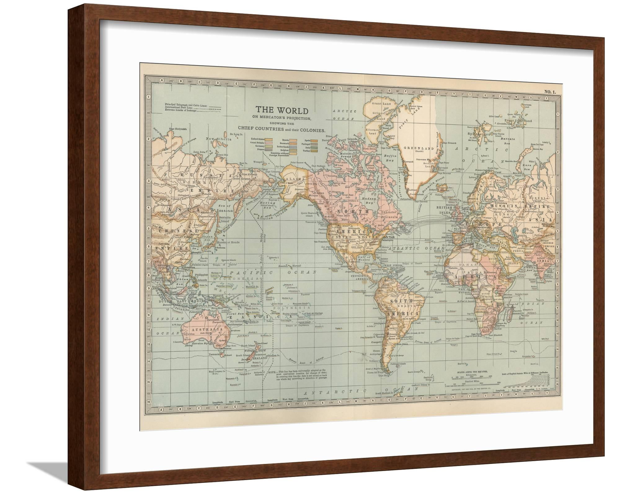 Art.com Map of the World on Mercator's Projection, Showing the Chief ...