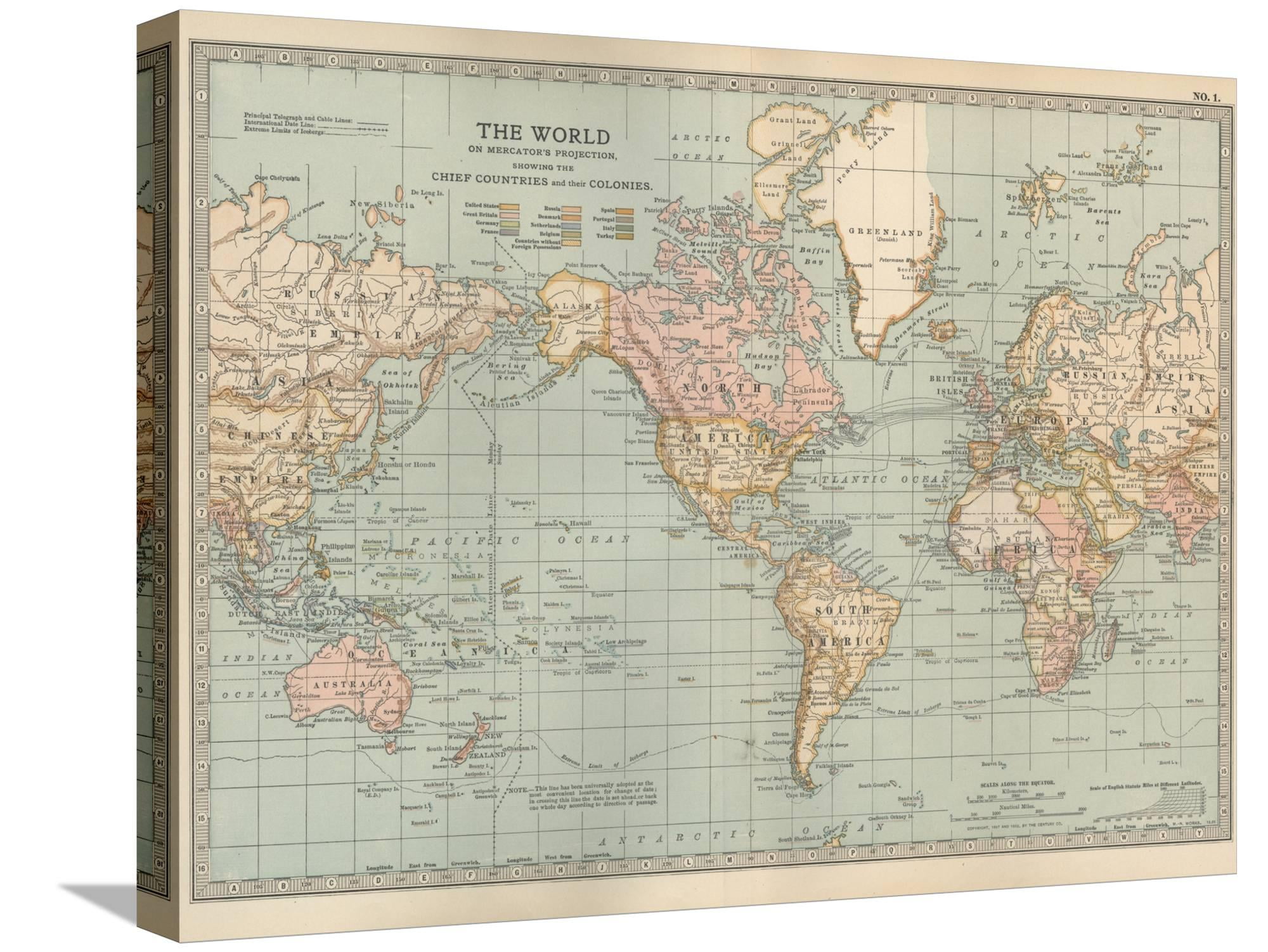 Art.com Map of the World on Mercator's Projection, Showing the Chief ...