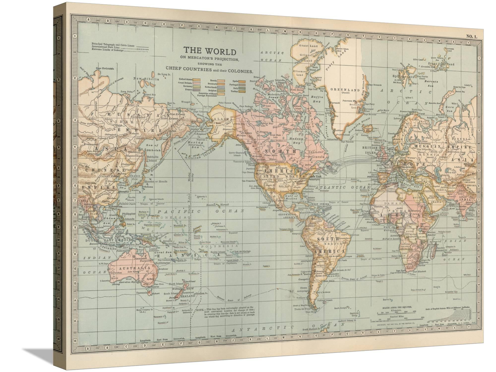 Art.com Map of the World on Mercator's Projection, Showing the Chief ...