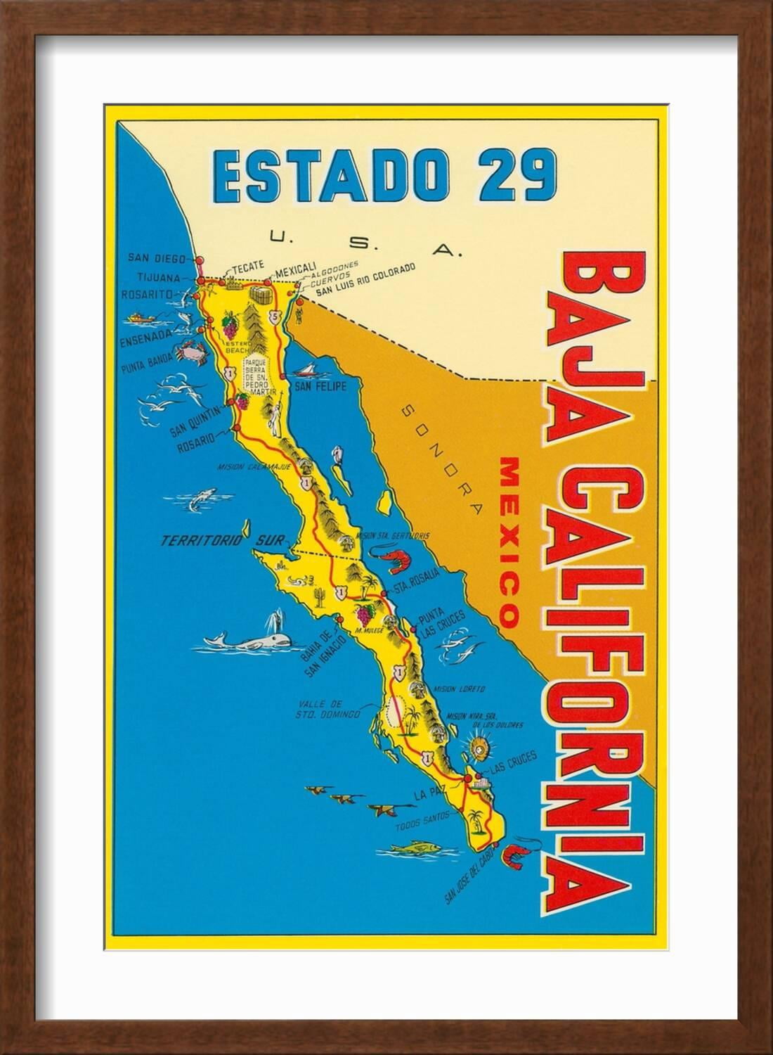 Art.com Map of Baja California, Mexico Art Print, Brown Frame Wall Art ...