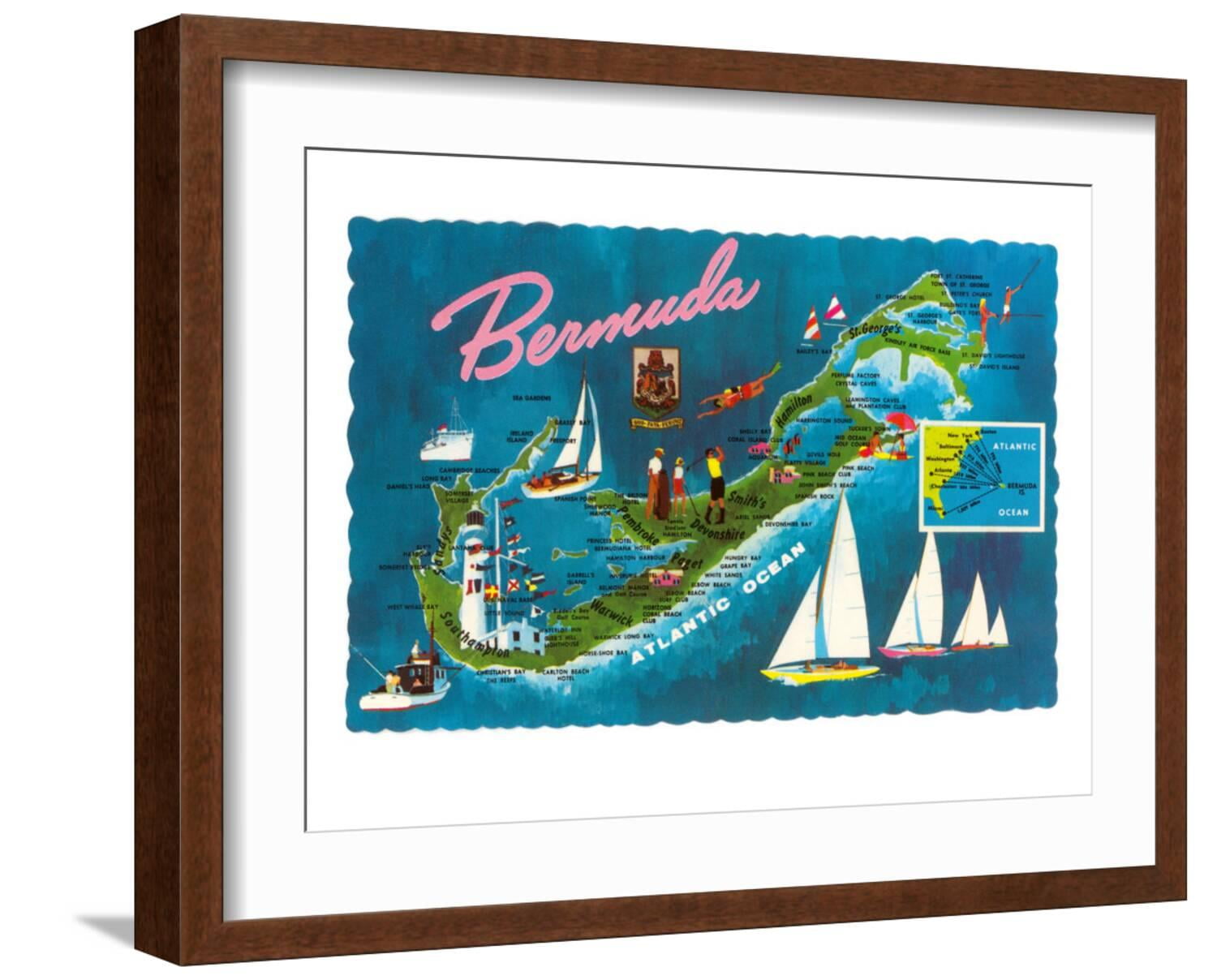 Art.com Map of Bermuda Art Print, Brown Frame Wall Art, 21" x 17 ...