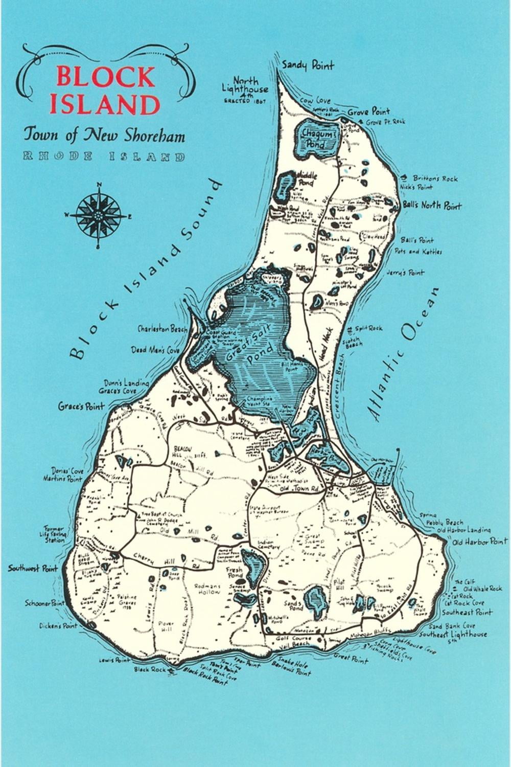 Art.com Map of Block Island, Rhode Island Art Print, 12" x 18 ...