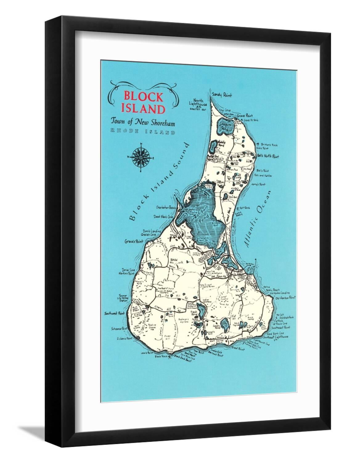 Art.com Map of Block Island, Rhode Island Art Print, Black Frame Wall ...
