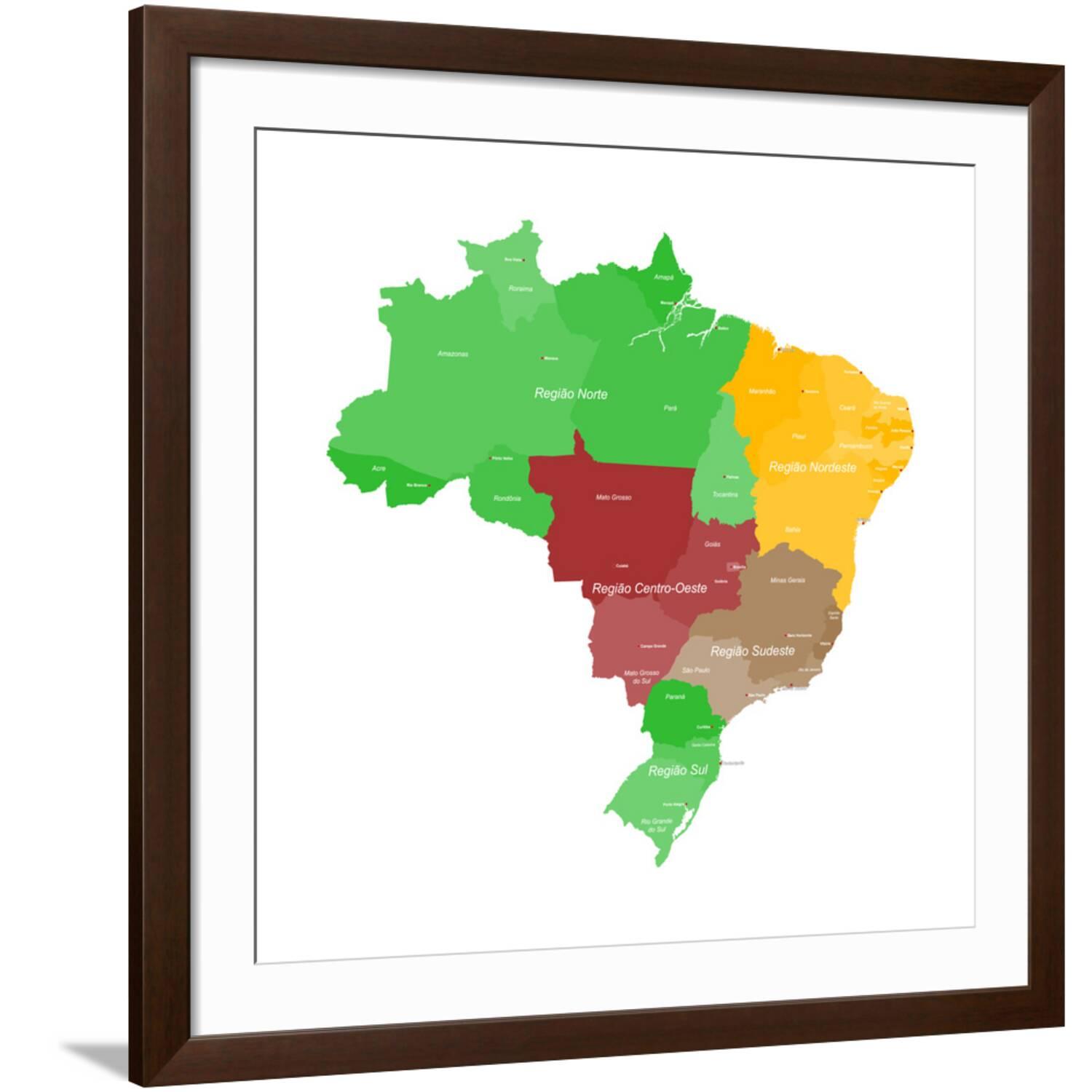 Art.com Map of Brazil Art Print by malachy120, Brown Frame Wall Art, 38 ...