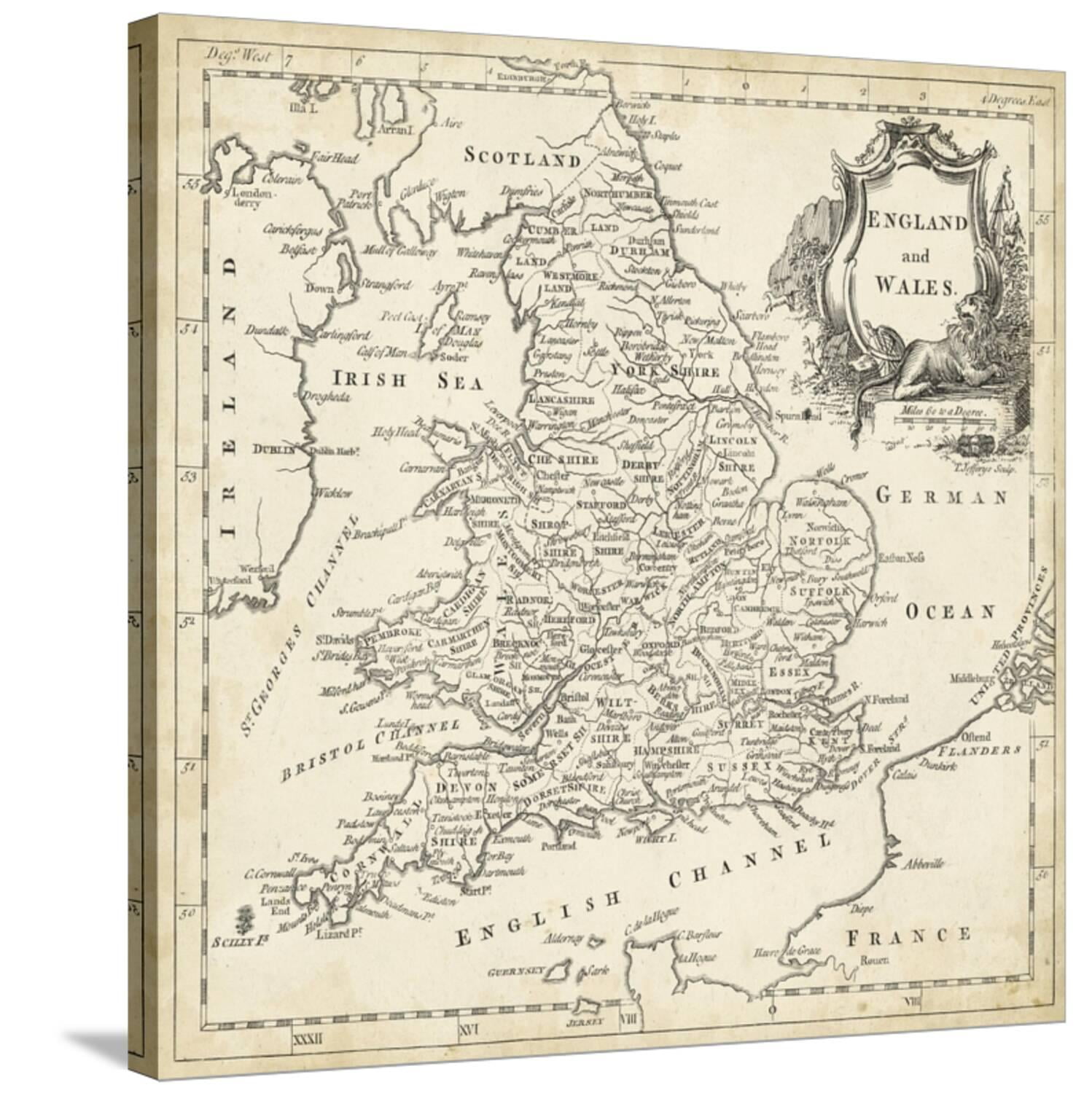 Art.com Map of England and Wales Stretched Canvas Print Wall Art by T ...