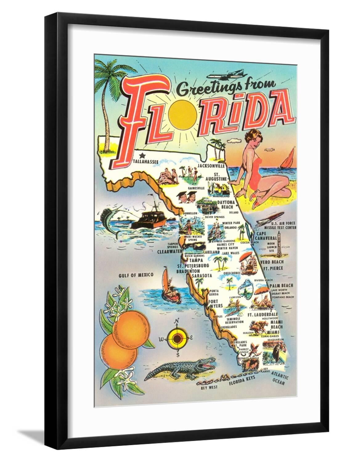 Art.com Map of Florida Art Print, Black Frame Wall Art, 21" x 29 ...