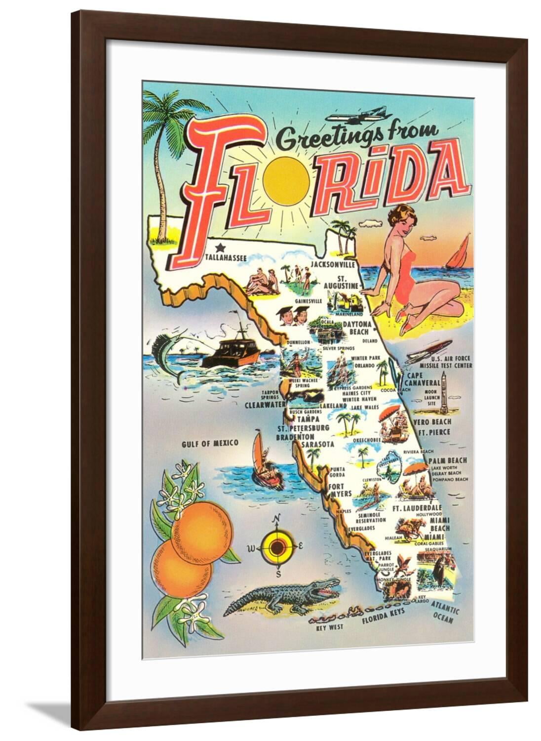 Art.com Map of Florida Art Print, Brown Frame Wall Art, 32" x 44 ...