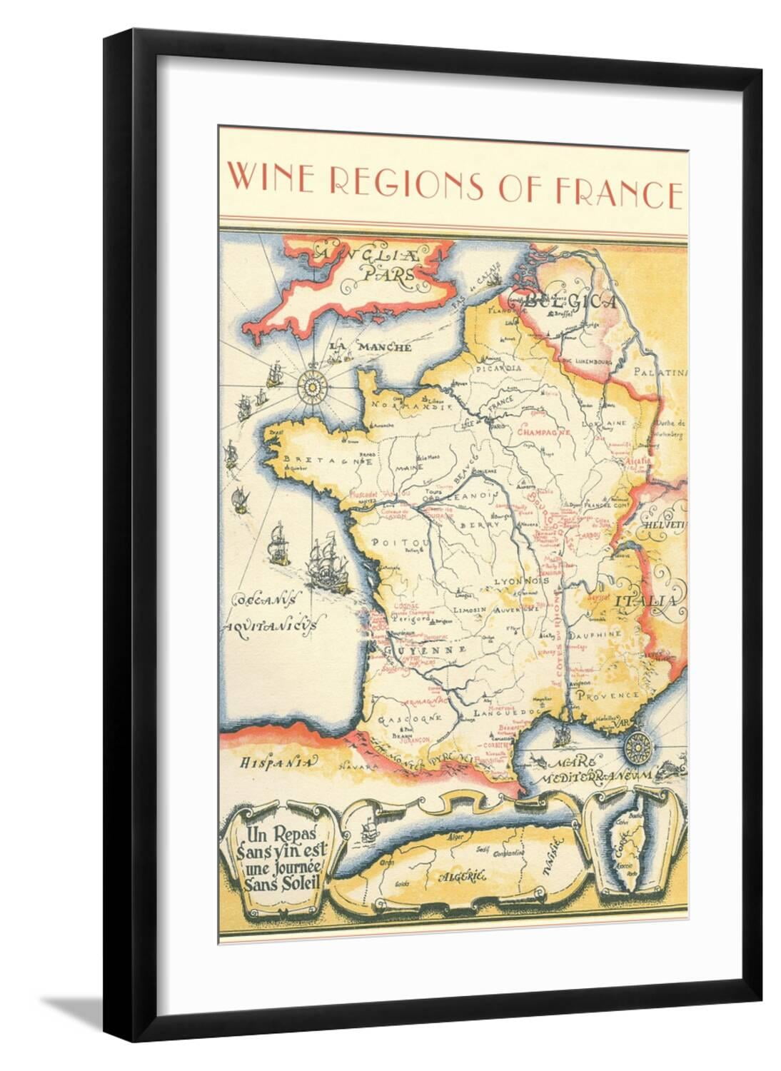 Art.com Map of French Wine Country Art Print, Black Frame Wall Art, 21 ...