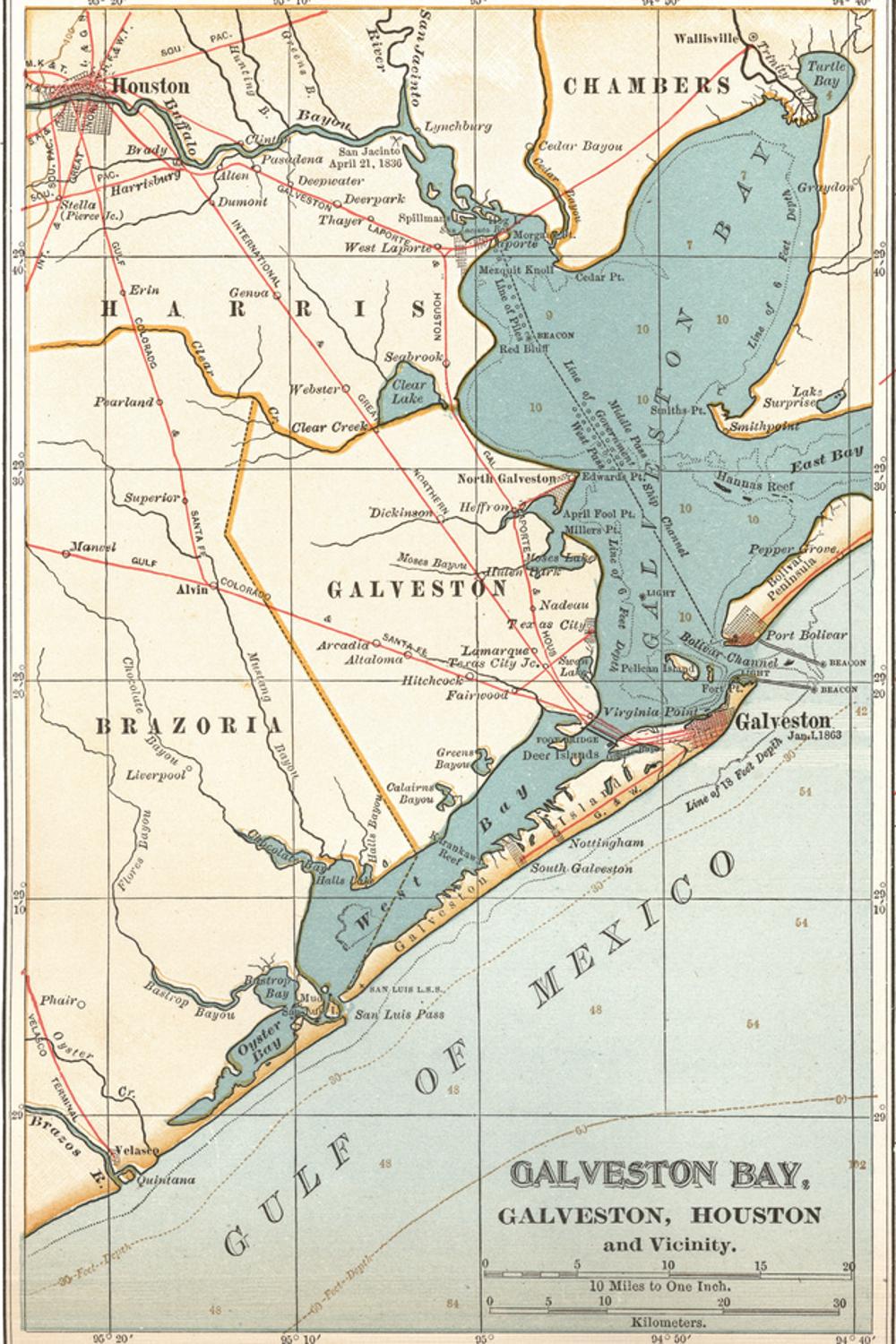 Art.com Map of Galveston Bay, Houston and Vicinity (C. 1900) Art Print ...