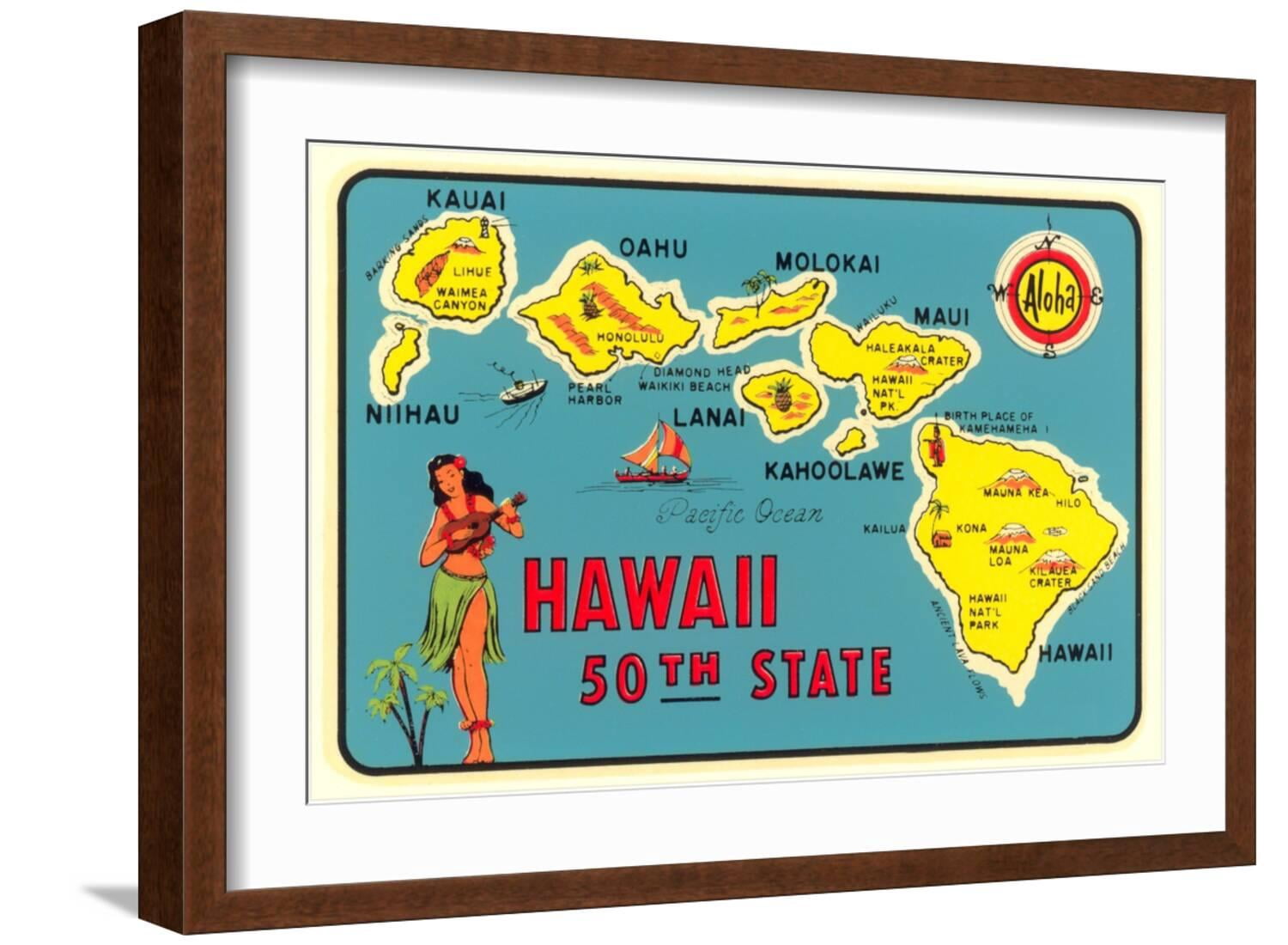 Art.com Map of Hawaiian Islands Art Print, Brown Frame Wall Art, 23" x ...