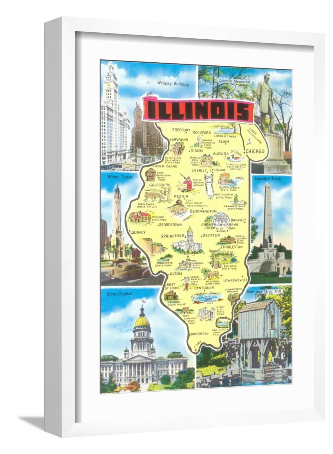 Art.com Map of Illinois, Attractions Art Print, White Frame Wall Art ...