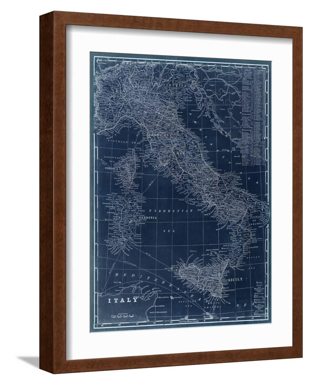 Art.com Map of Italy Blueprint Art Print by Vision Studio, Brown Frame ...