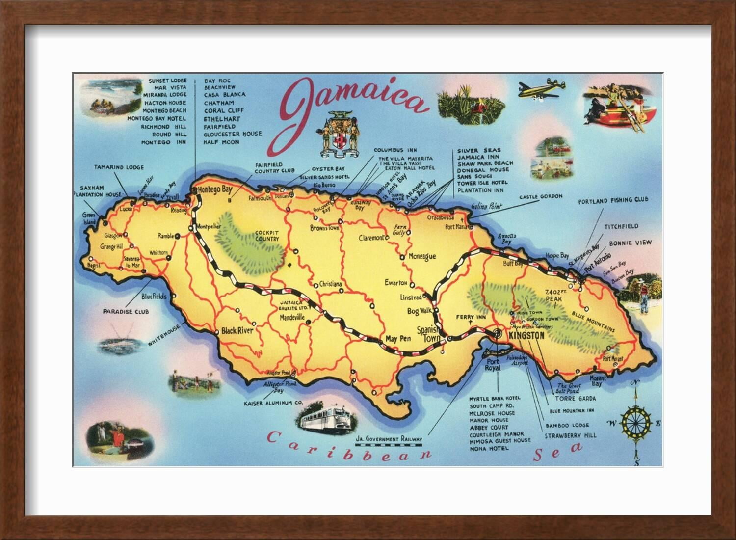 Art.com Map of Jamaica Art Print, Brown Frame Wall Art, 23" x 17 ...