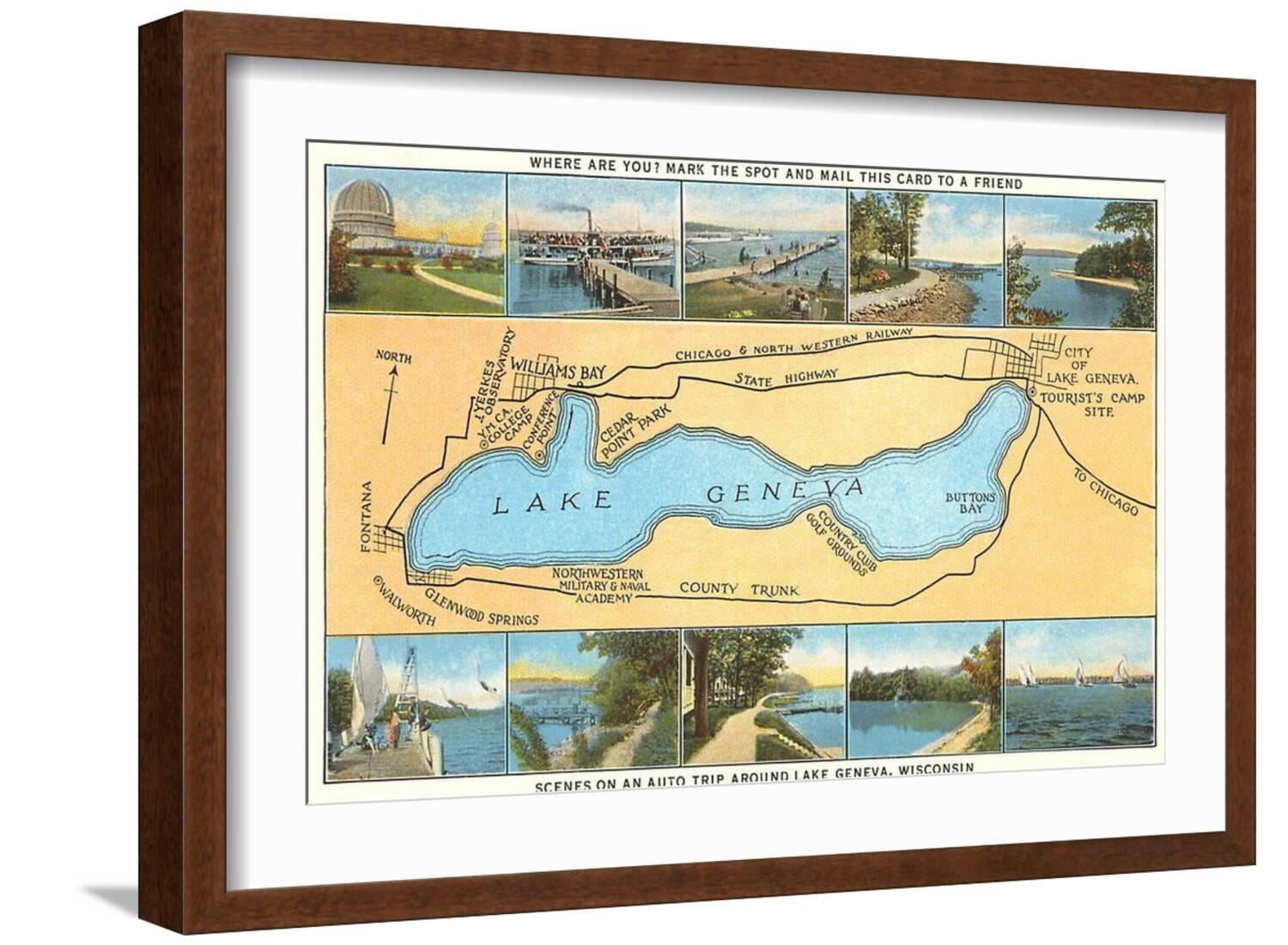 Art.com Map of Lake Geneva, Wisconsin Art Print, Brown Frame Wall Art ...
