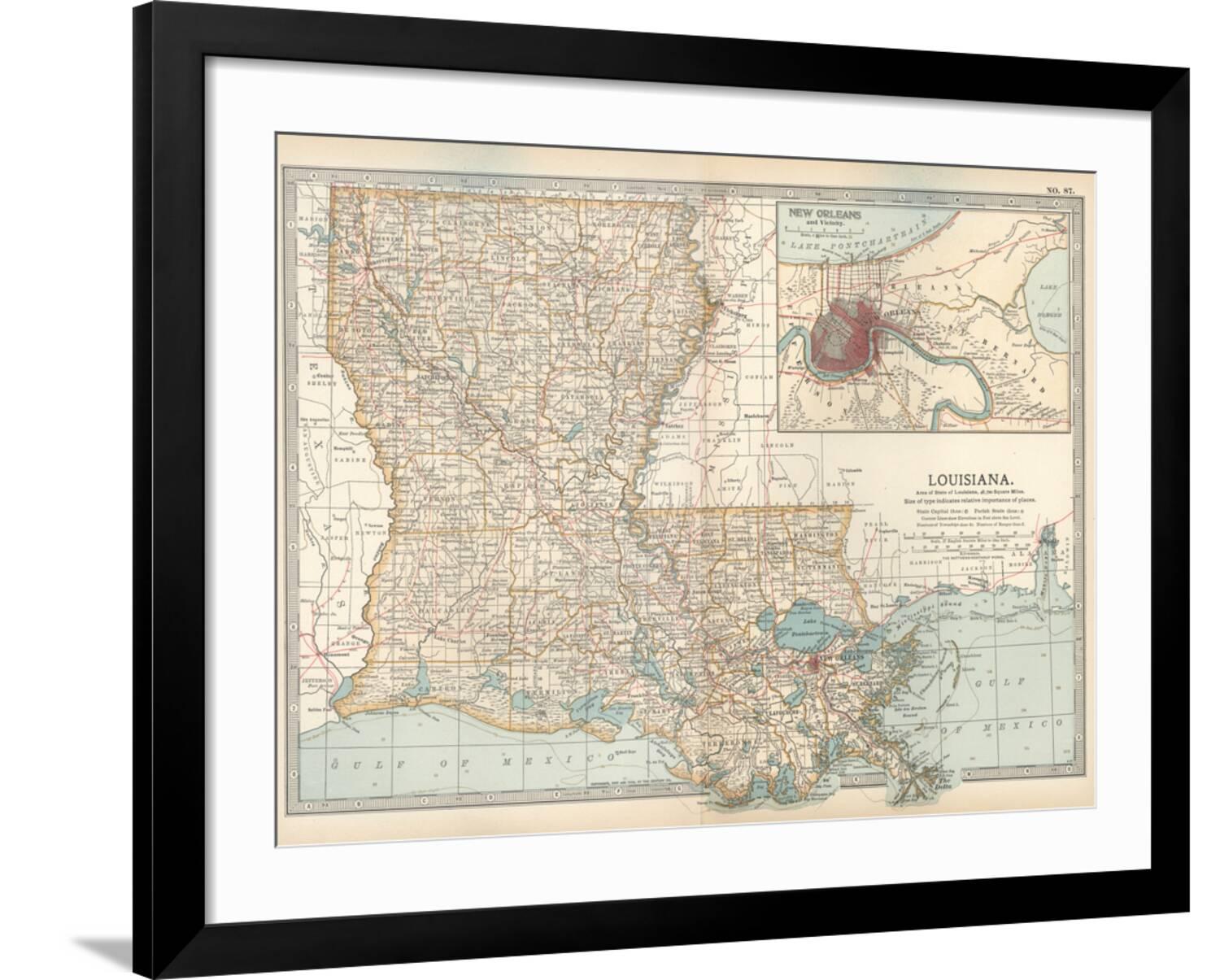 Art.com Map of Louisiana. United States. Inset Map of New Orleans and ...