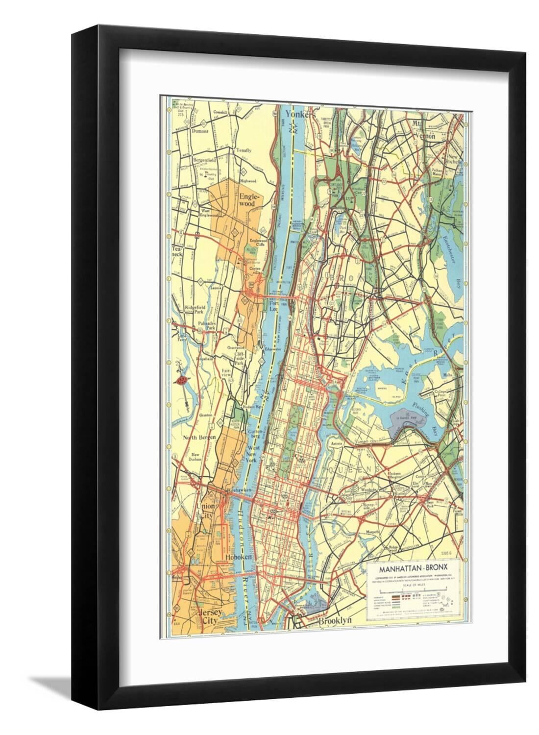 Art.com Map of Manhattan and Bronx, New York Art Print, Black Frame ...