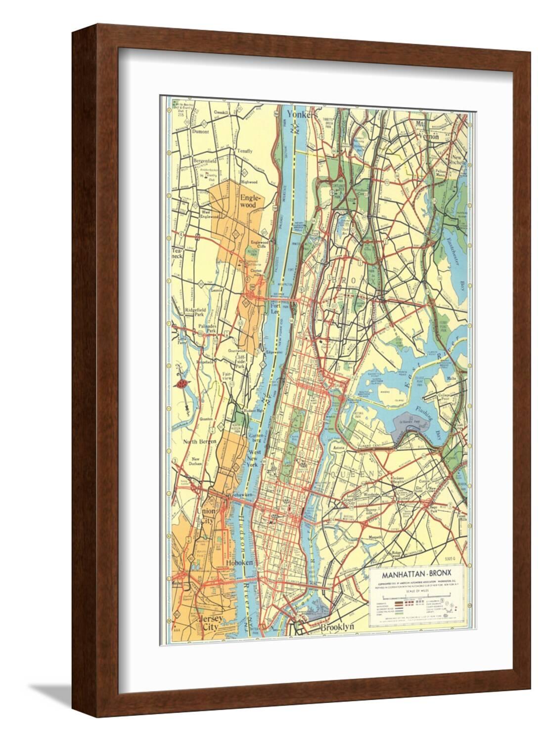 Art.com Map of Manhattan and Bronx, New York Art Print, Brown Frame ...