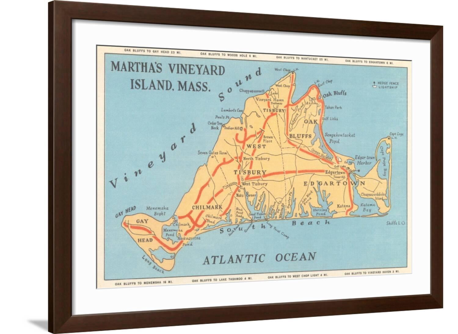 Art.com Map of Martha's Vineyard Art Print, Brown Frame Wall Art, 44" x ...
