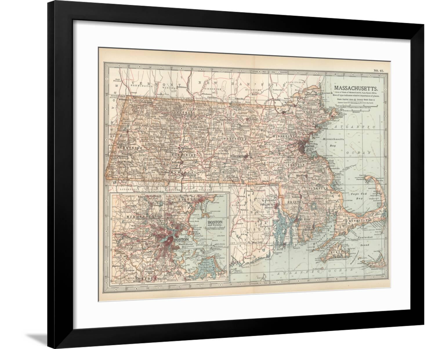 Art.com Map of Massachusetts, United States. Inset of Boston and ...