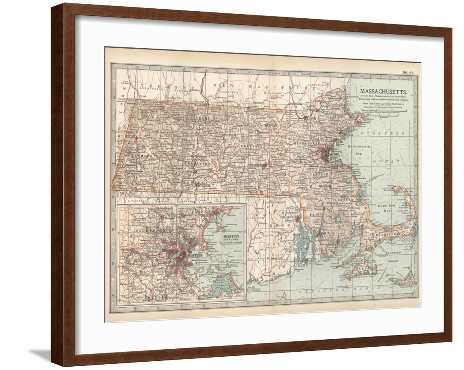Art.com Map of Massachusetts, United States. Inset of Boston and ...