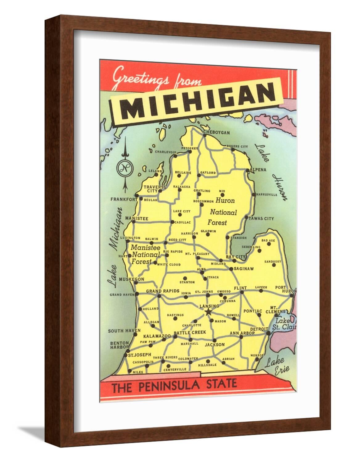 Art.com Map of Michigan Art Print, Brown Frame Wall Art, 17" x 23 ...