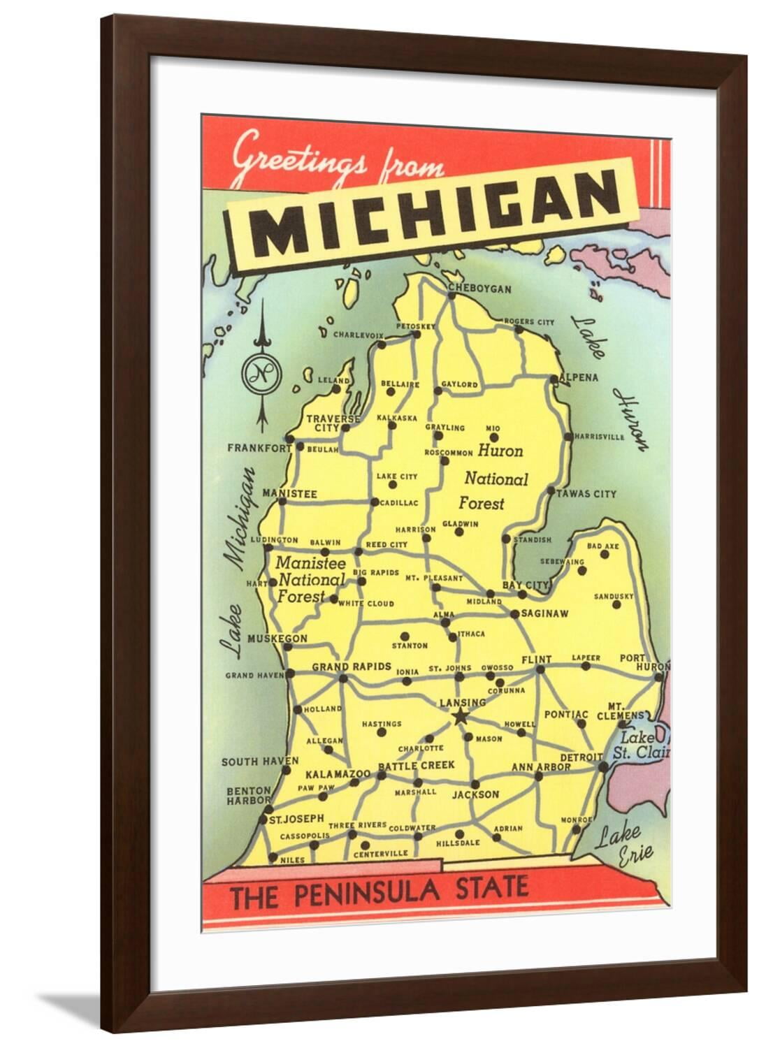 Art.com Map of Michigan Art Print, Brown Frame Wall Art, 32" x 44 ...