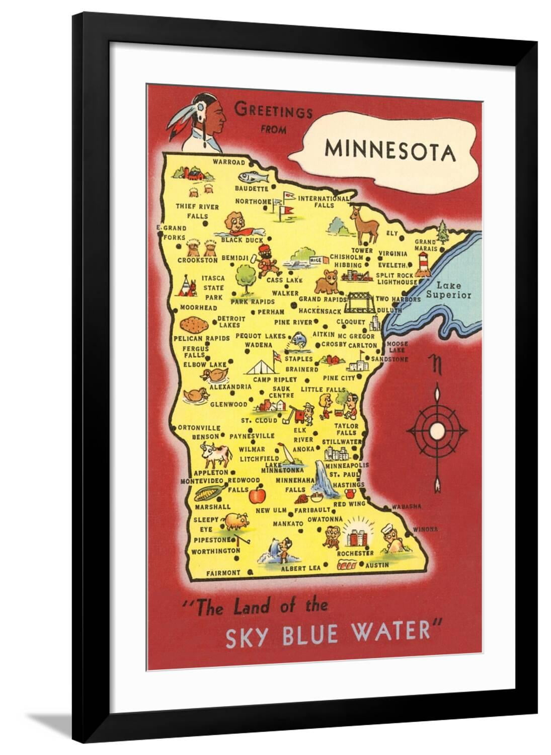 Art.com Map of Minnesota Art Print, Black Frame Wall Art, 32" x 44 ...