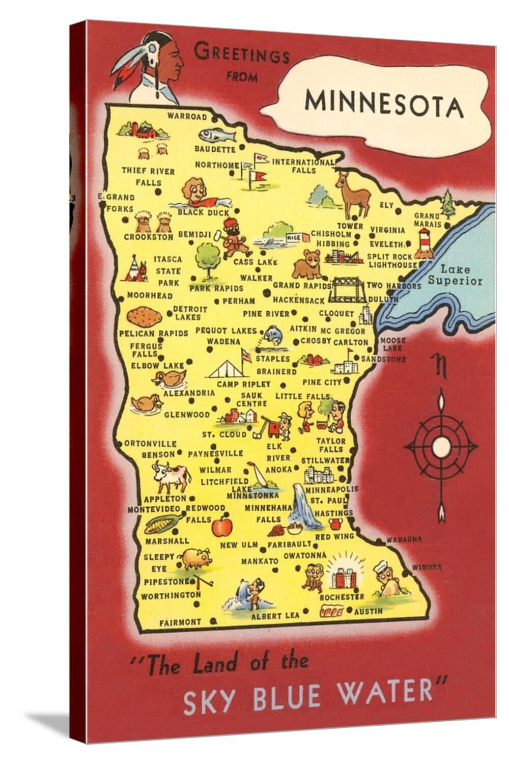 Art.com Map of Minnesota Stretched Canvas Print Wall Art, 24" x 36 ...