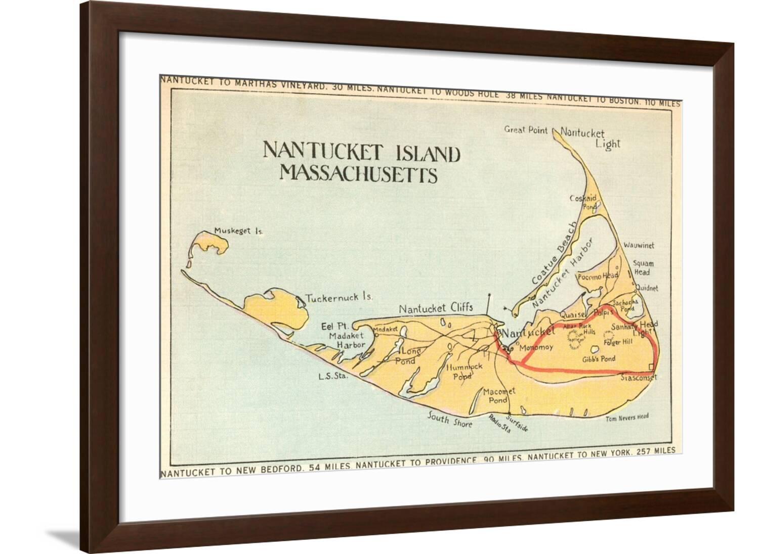 Art.com Map of Nantucket Island, Massachusetts Art Print, Brown Frame ...