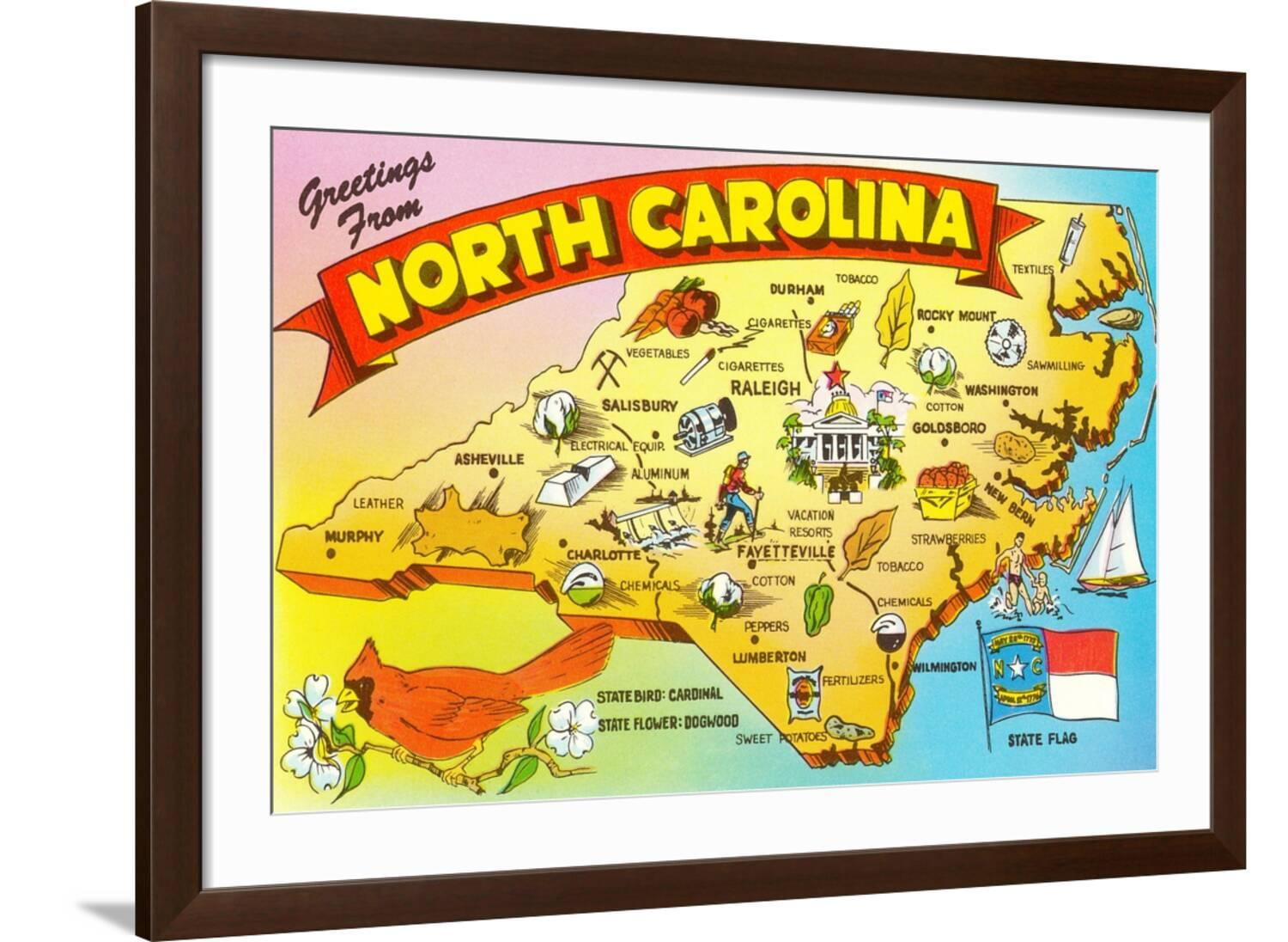 Art.com Map of North Carolina Art Print, Brown Frame Wall Art, 44" x 32 ...