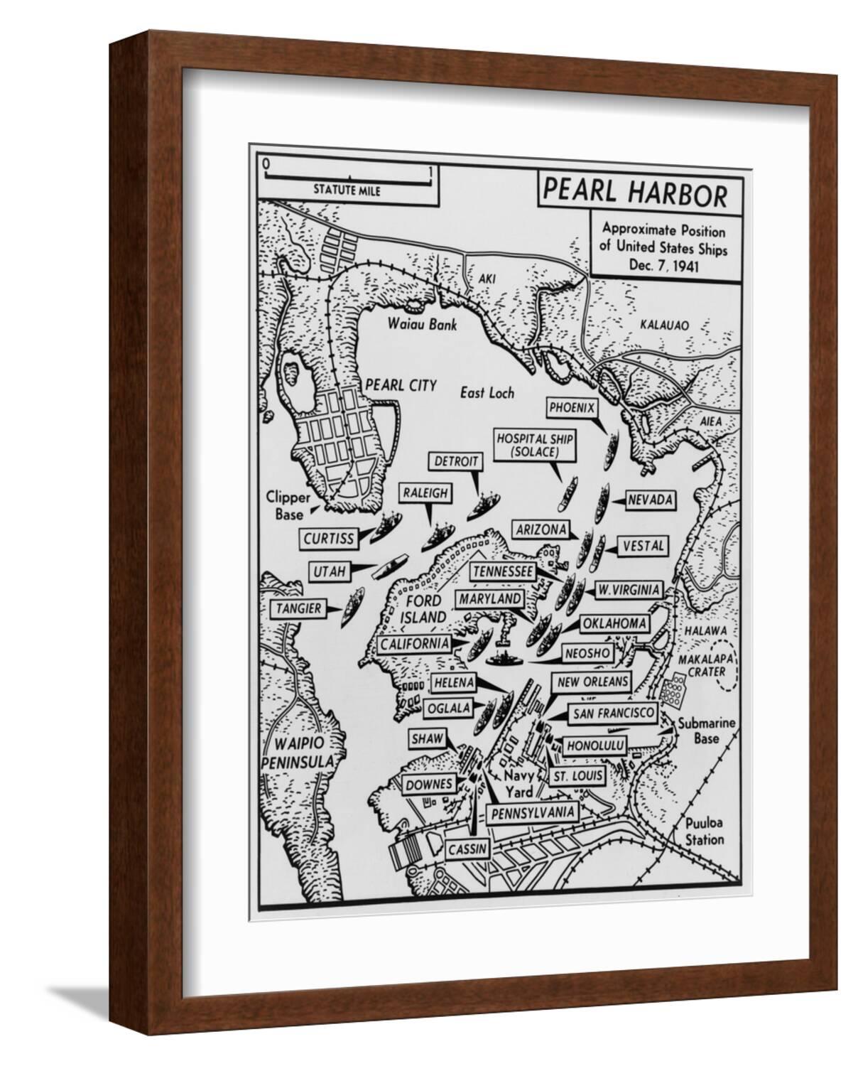 Art.com Map of Pearl Harbor with Location of Ships Just Prior to the Japanese Attack on Dec. 7 ...